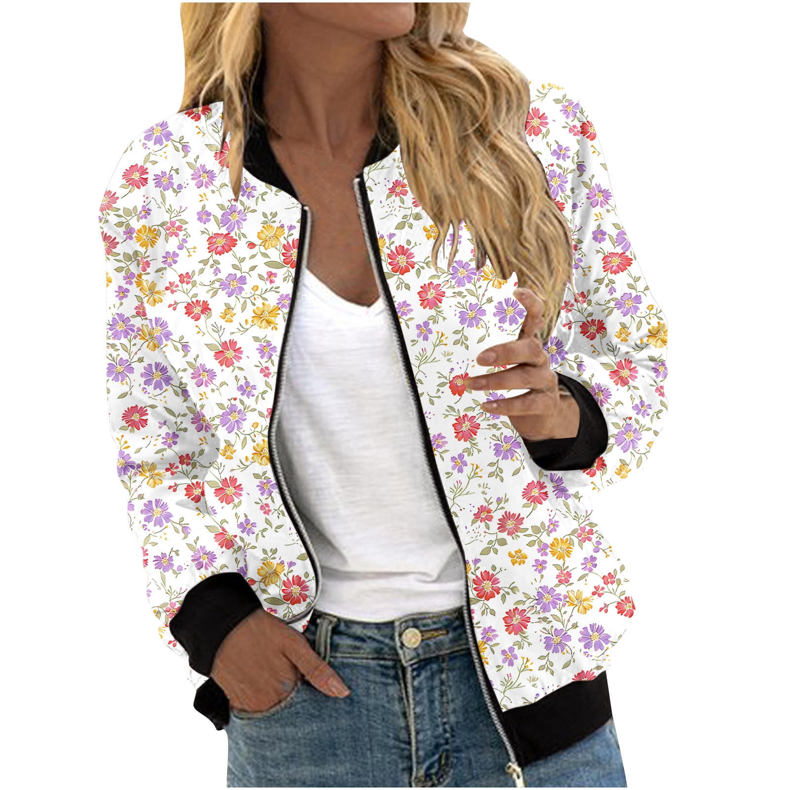 Jamicy Womens Bomber Jacket Pockets 2025 Casual Floral Lightweight ...