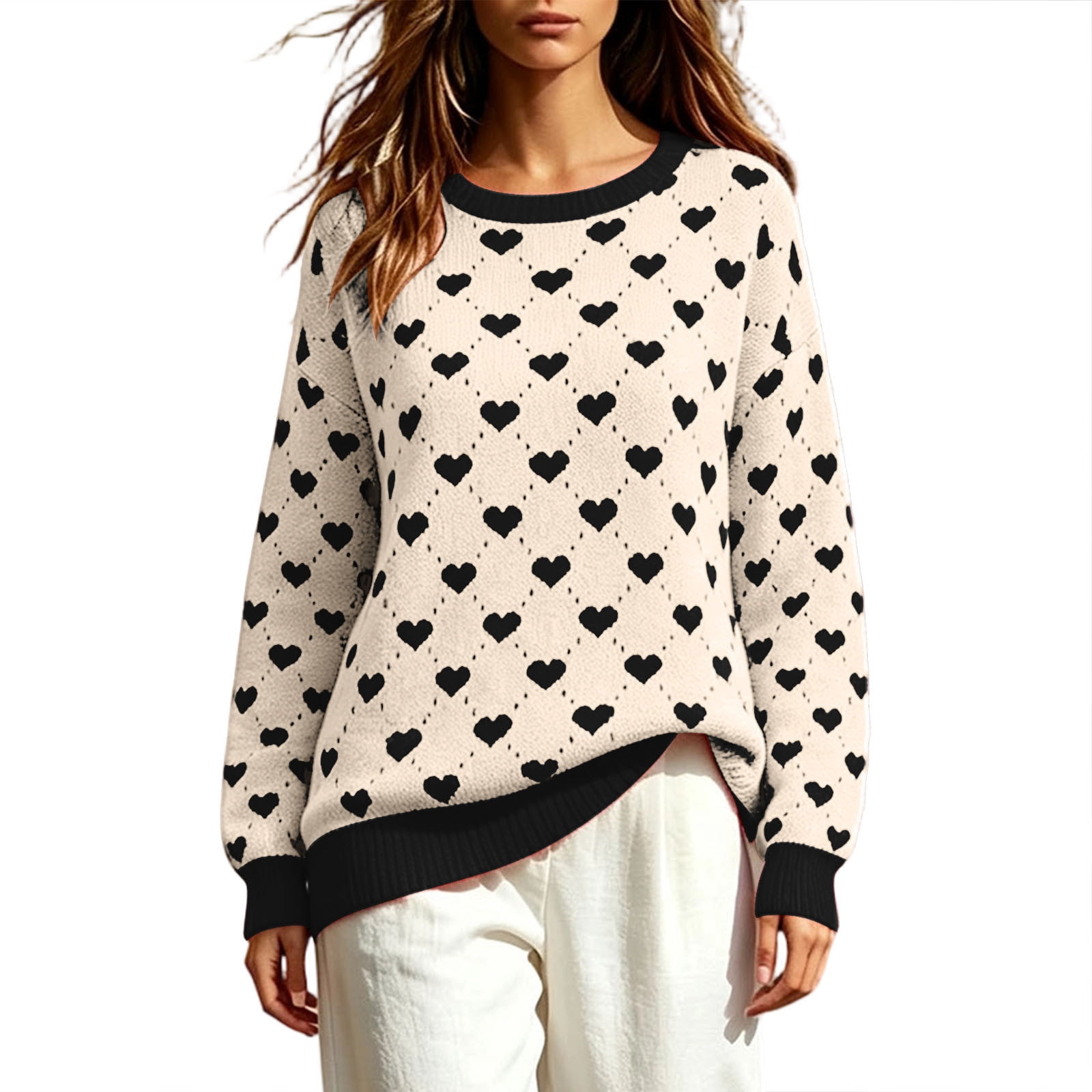 Jamsmile Women Sweaters Love Pattern Knitted Crewneck Tops Textured ...