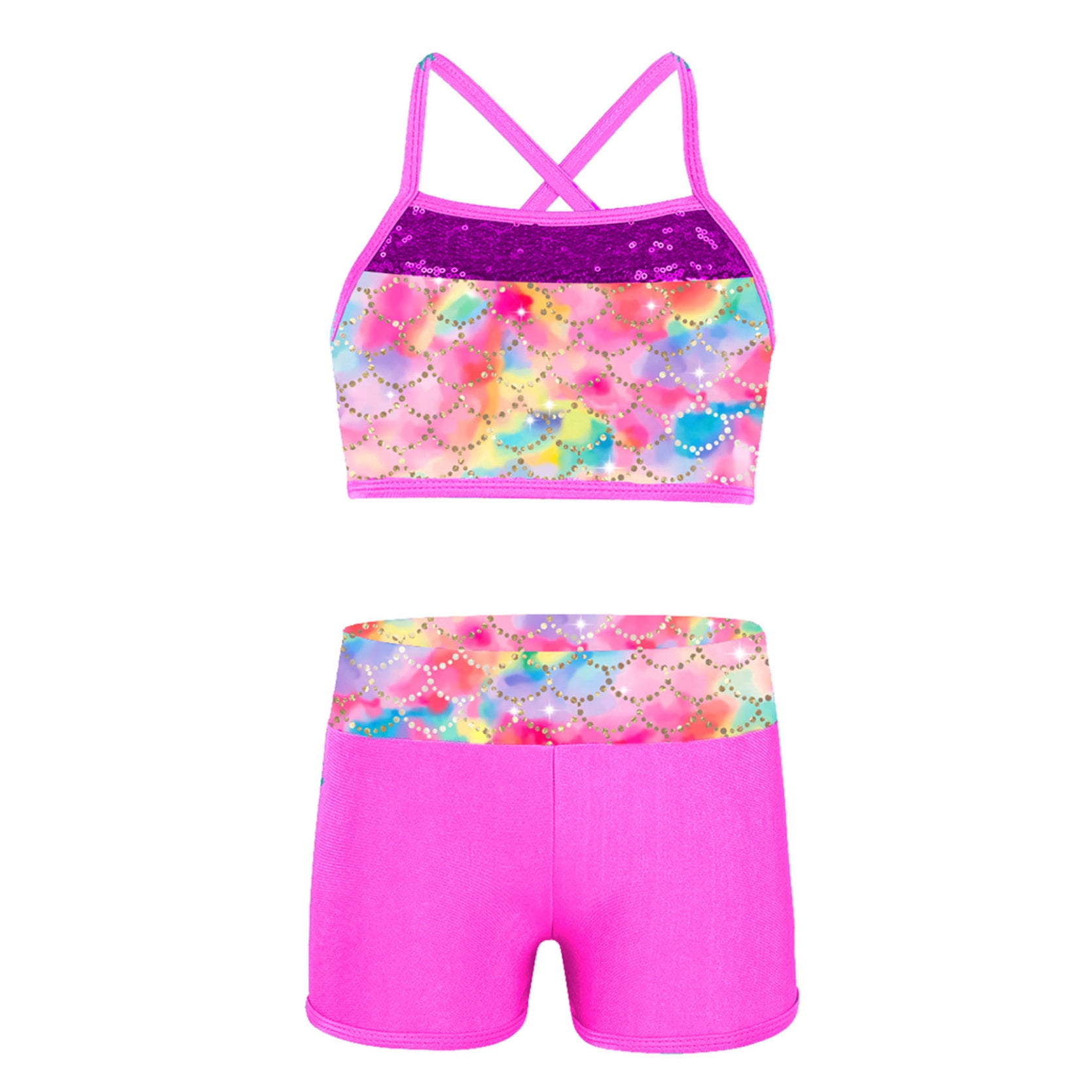 JanJean Girls 2 Piece Dance Outfit Mermaid Tankini Swimwear Crop Tank ...