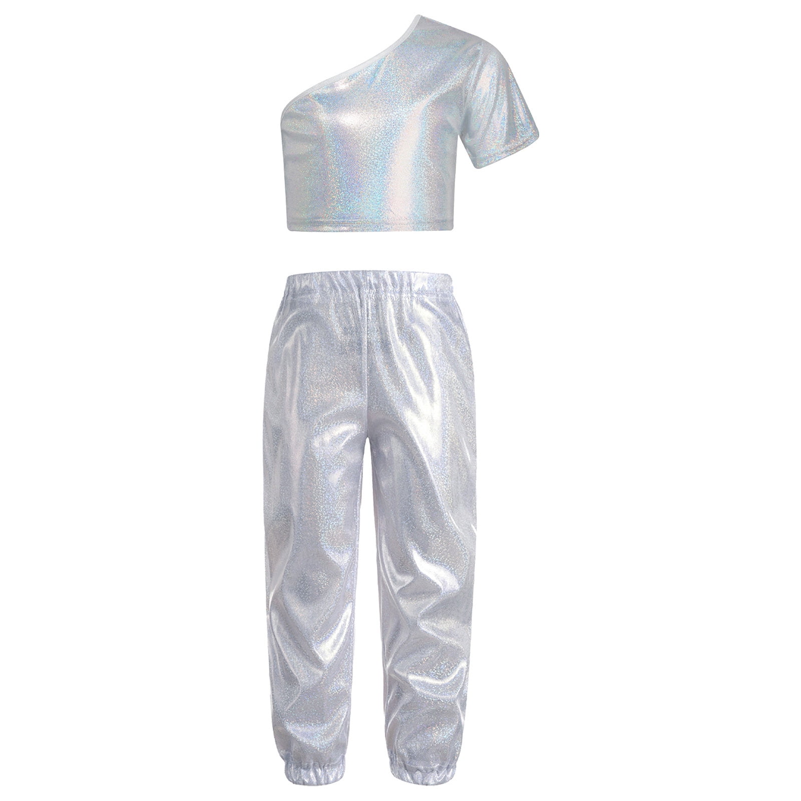 JanJean Kids Hip Hop Dance Outfit Girls One Shoulder Shirts Shiny ...