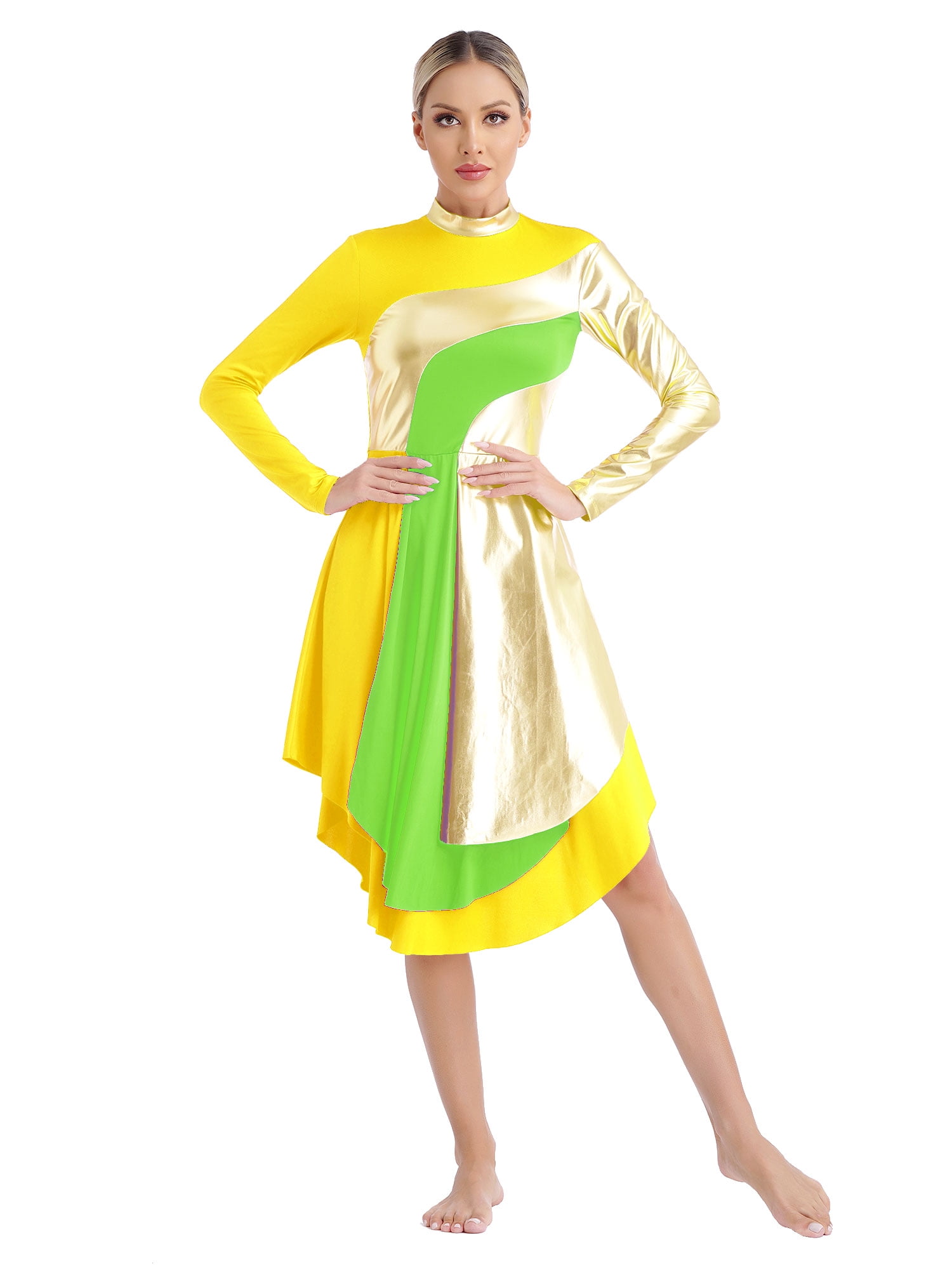 JanJean Women Lyrical Dance Dress Metallic Color Block Modern Dancewear Liturgical Praise Tunic ...