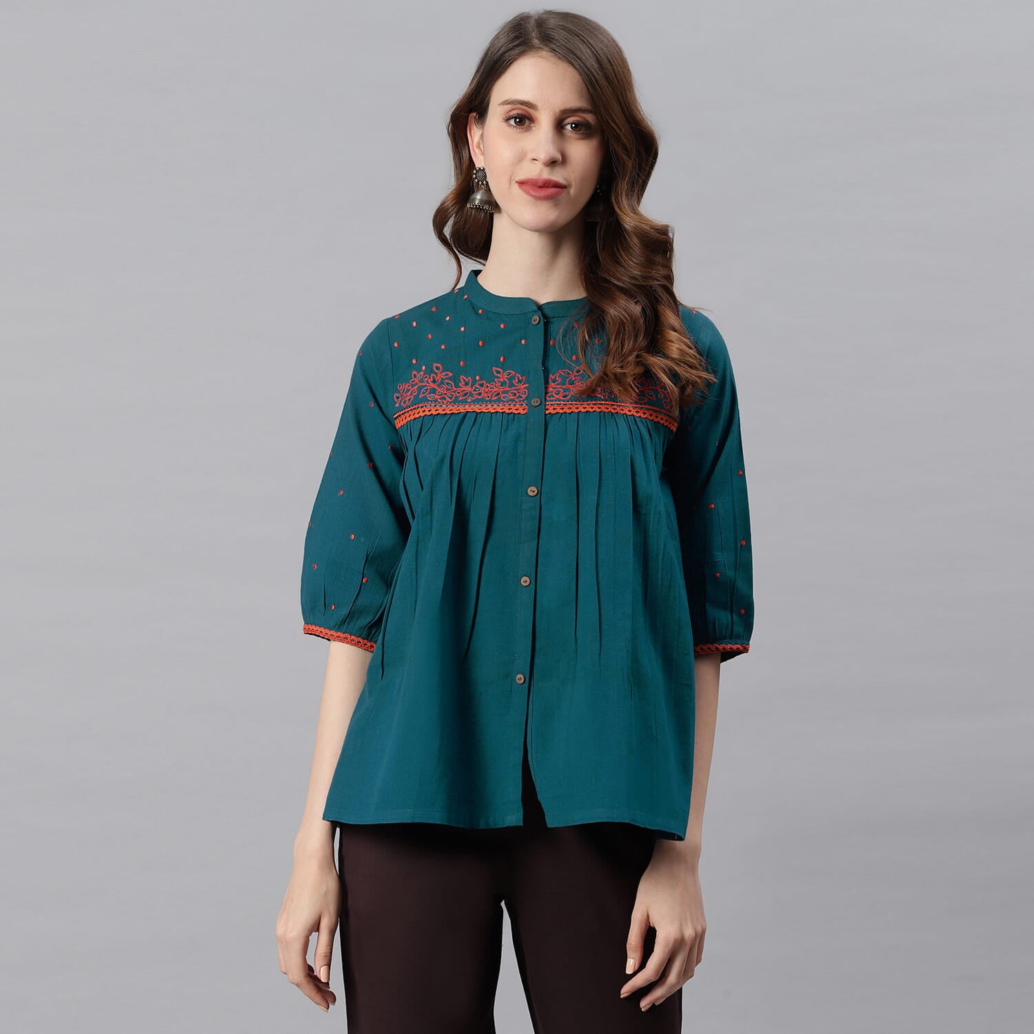 Janasya Indian Chinese Neck 3/4 Sleeve Embroidered Teal Cotton Flex Top ...