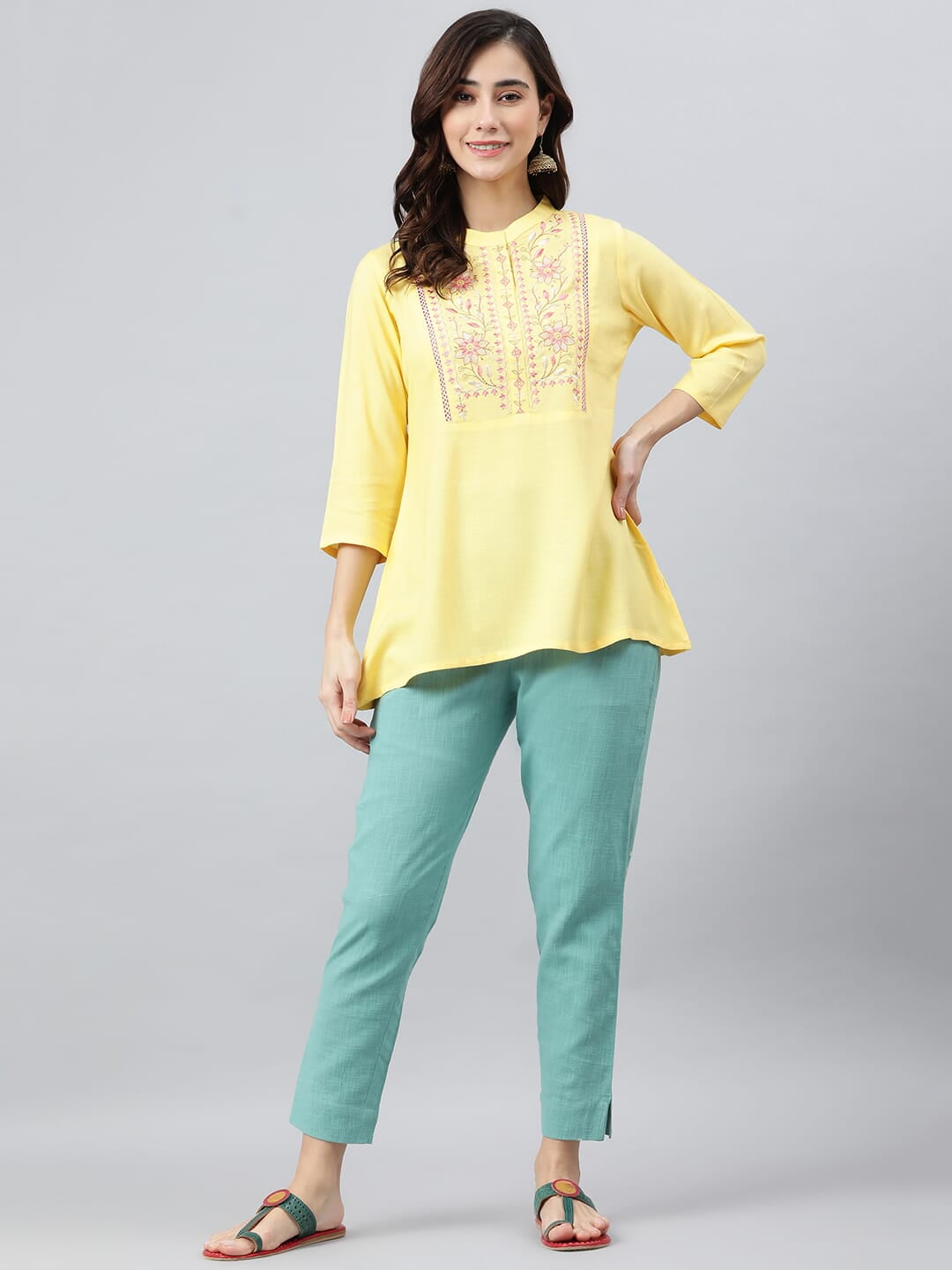 Janasya Indian Chinese Neck 3/4 Sleeve Embroidered Yellow Rayon Slub ...