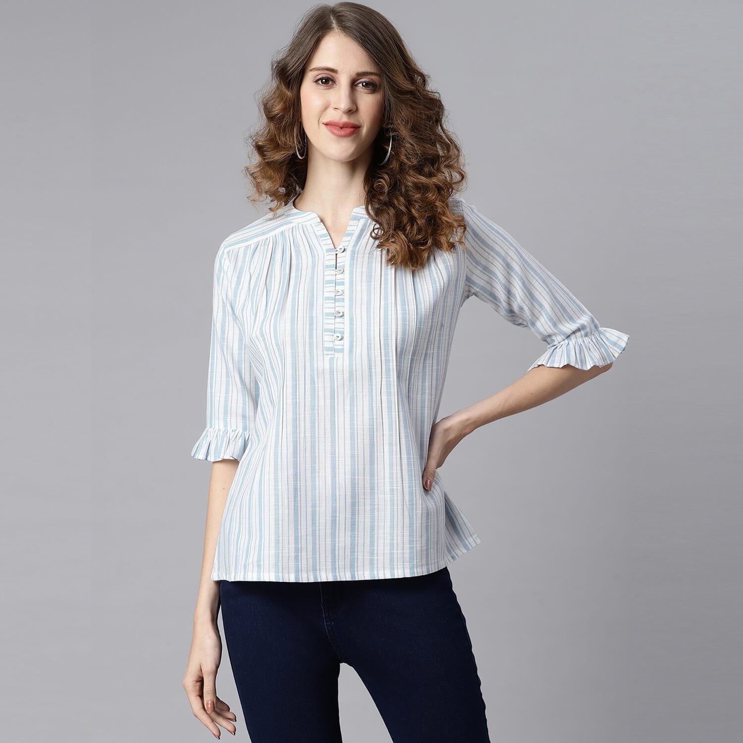 Janasya Indian Chinese Neck 3/4 Sleeve Striped White Cotton Slub Top ...