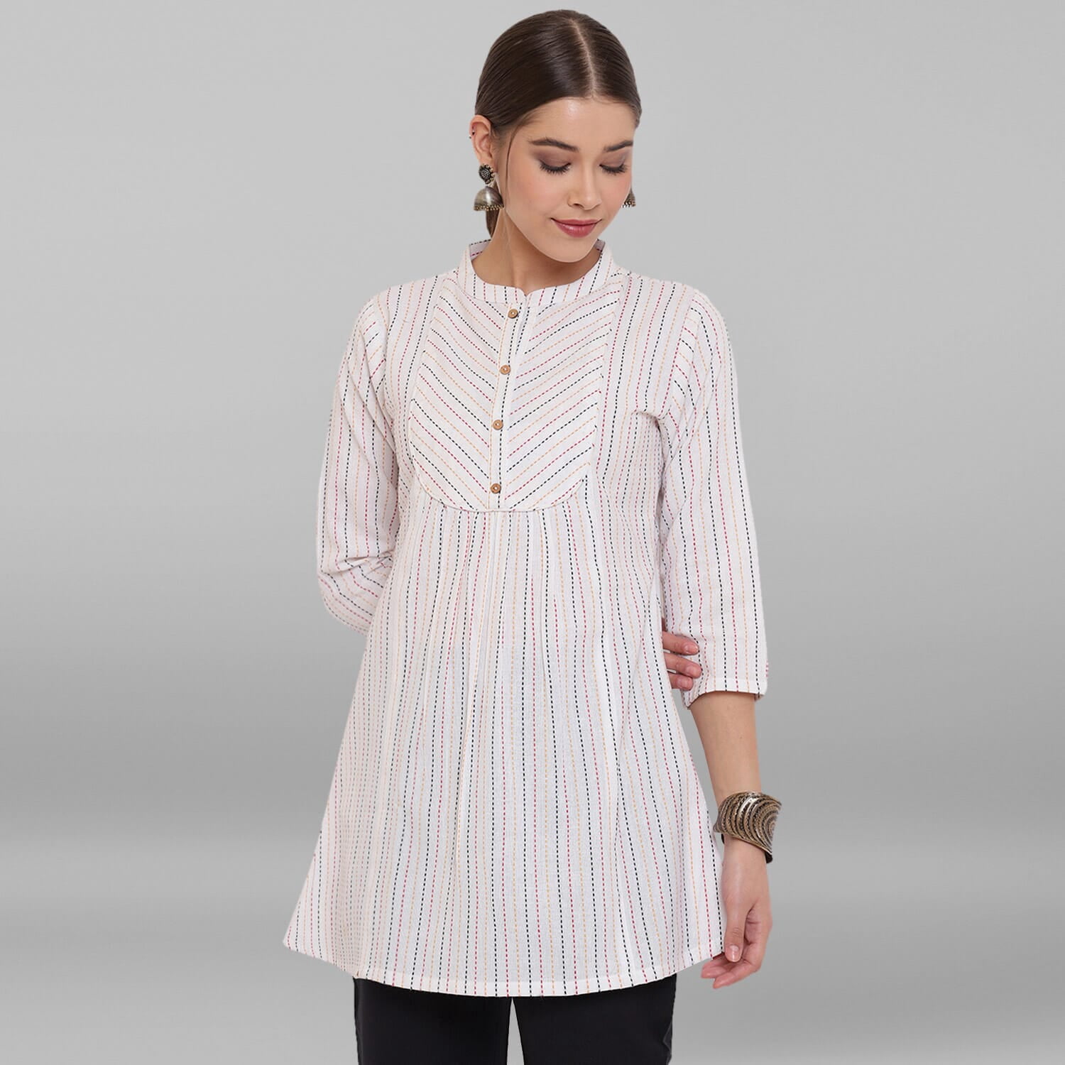 Janasya Indian Chinese Neck 3/4 Sleeve Woven Design White Cotton Top ...