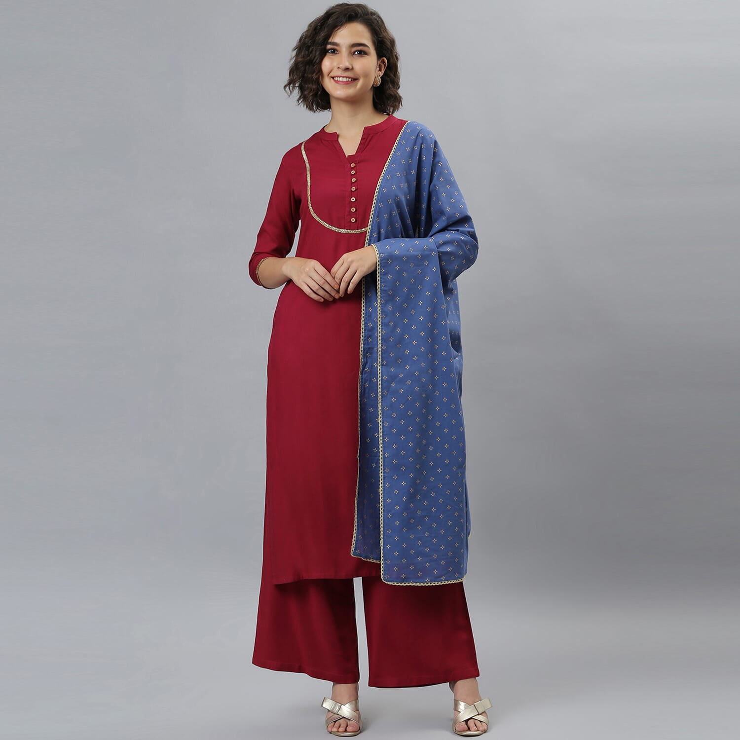 Janasya Indian Mandarin Collar 3/4 Sleeve Solid Magenta Rayon Kurta ...
