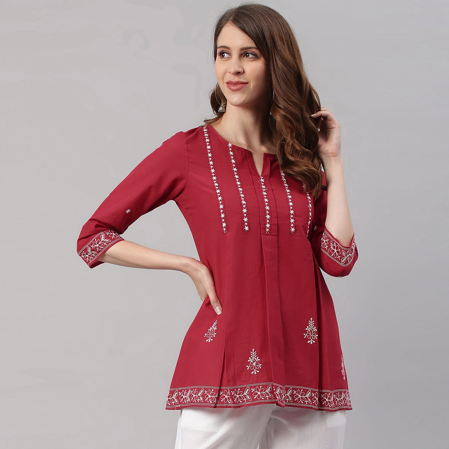 Janasya Indian Round Neck 3/4 Sleeve Embroidered Maroon Cotton Tunic ...