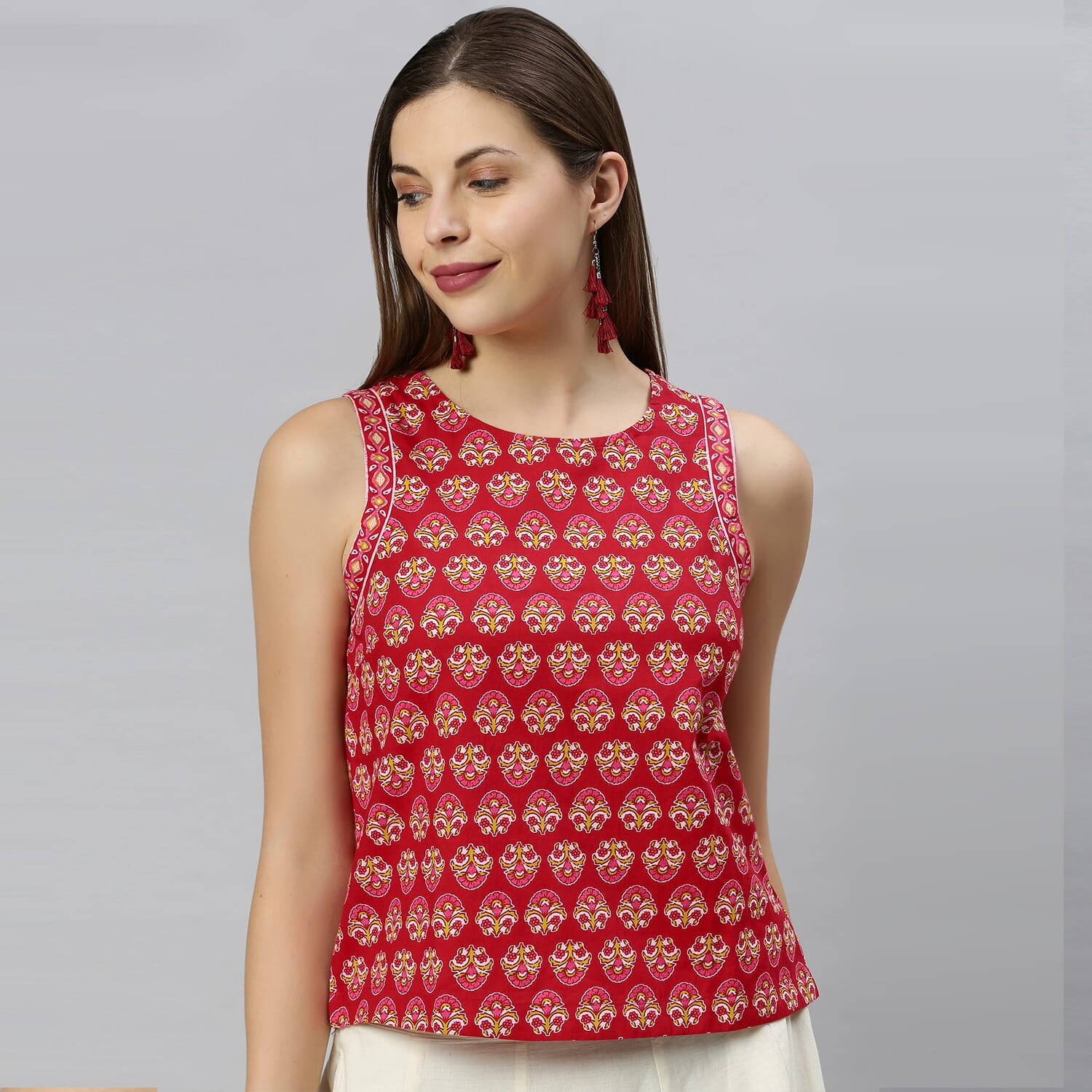 Janasya Indian Round Neck Sleeveless Floral Print Red Cotton Top For ...