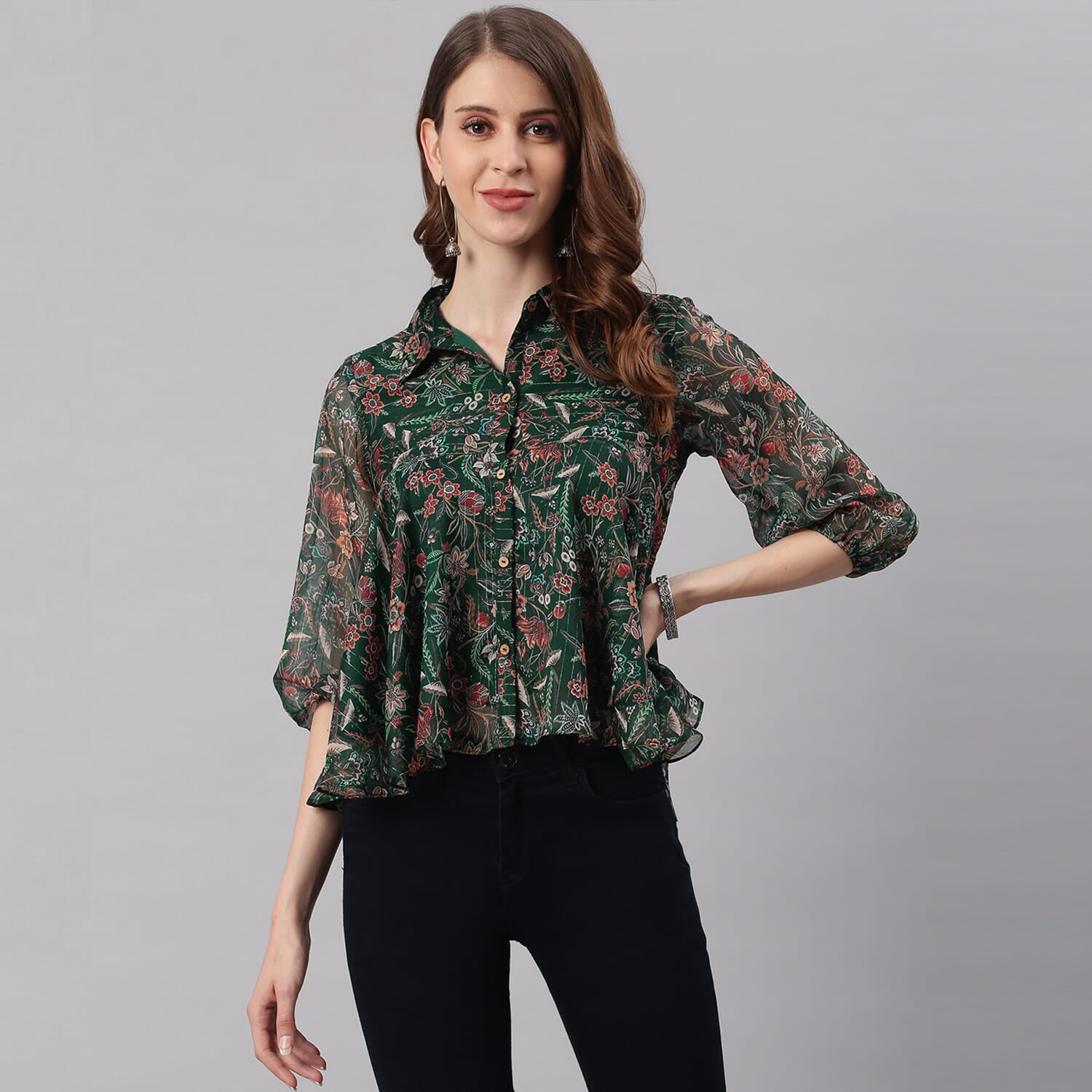 Janasya Indian Shirt Collar 3/4 Sleeve Floral Print Green Poly ...