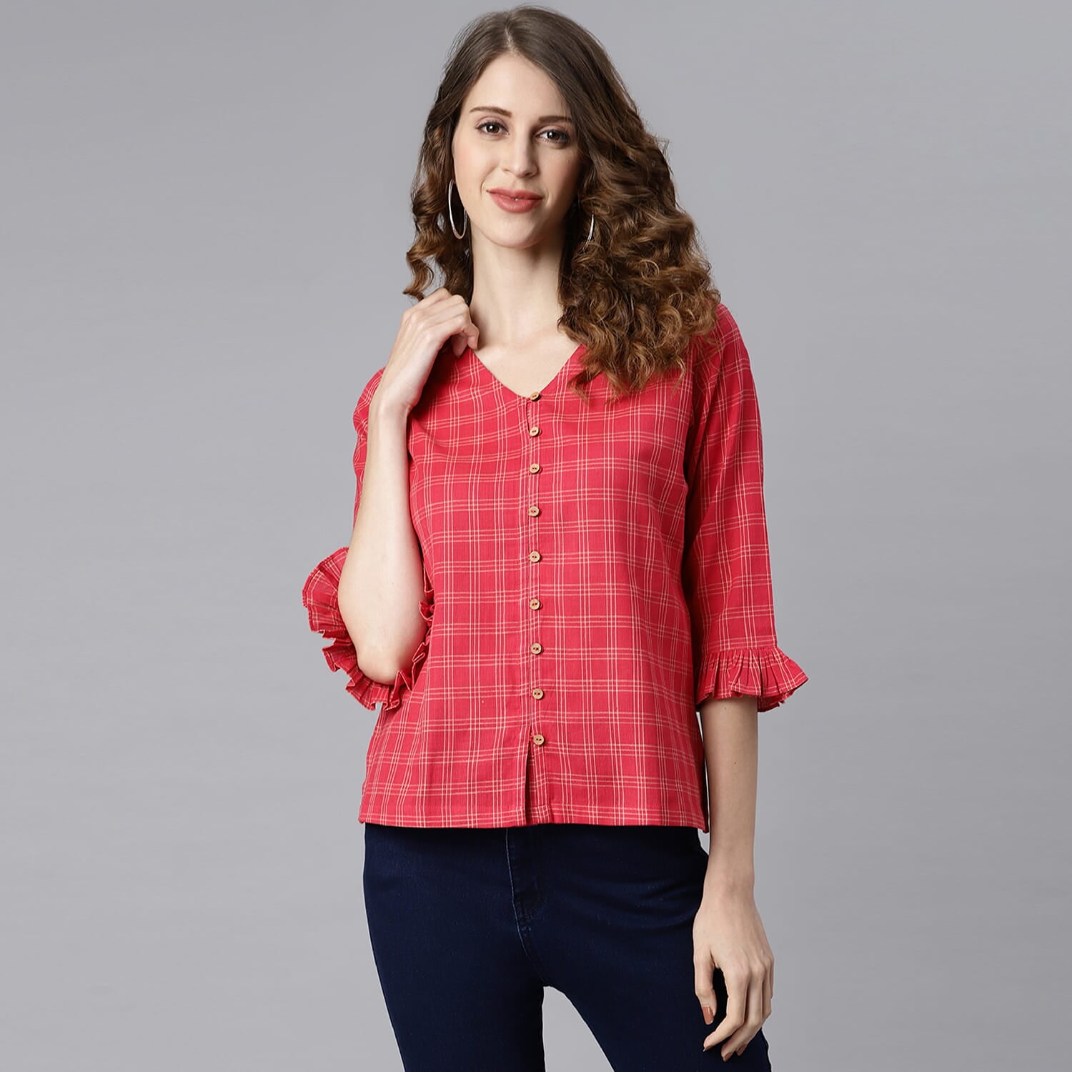 Janasya Indian V-Neck 3/4 Sleeve Checkered Red Cotton Top For Women ...