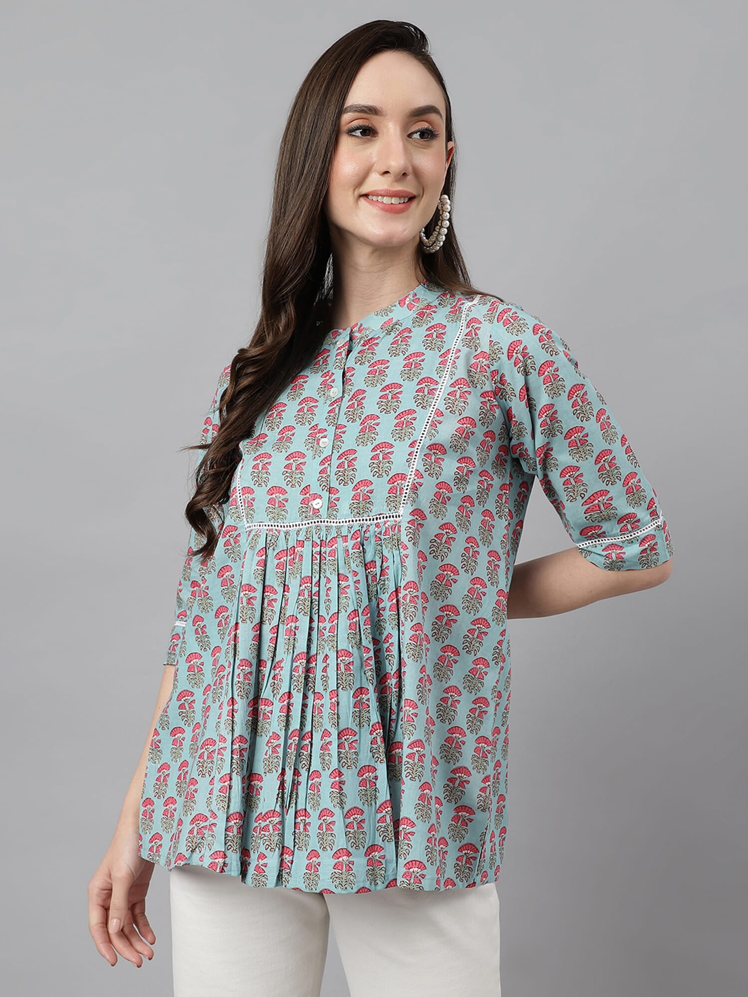 Janasya Indian Women's Aqua Blue Cotton Block Print A-Line Top ...