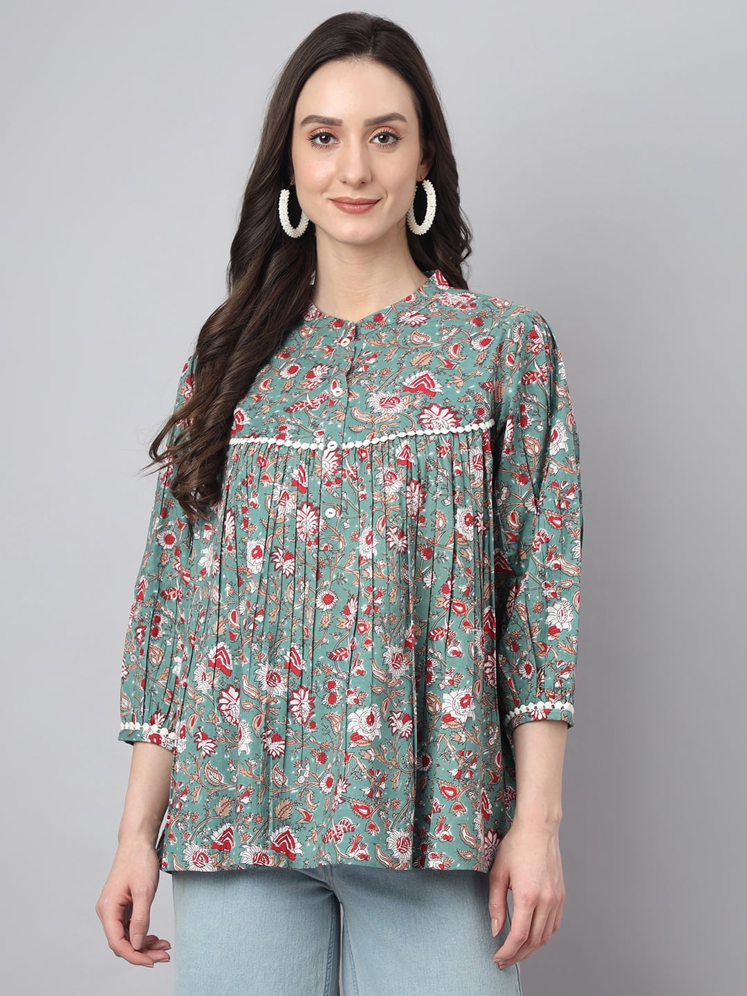 Janasya Indian Women's Green Cotton Botanical Print Empire Top ...