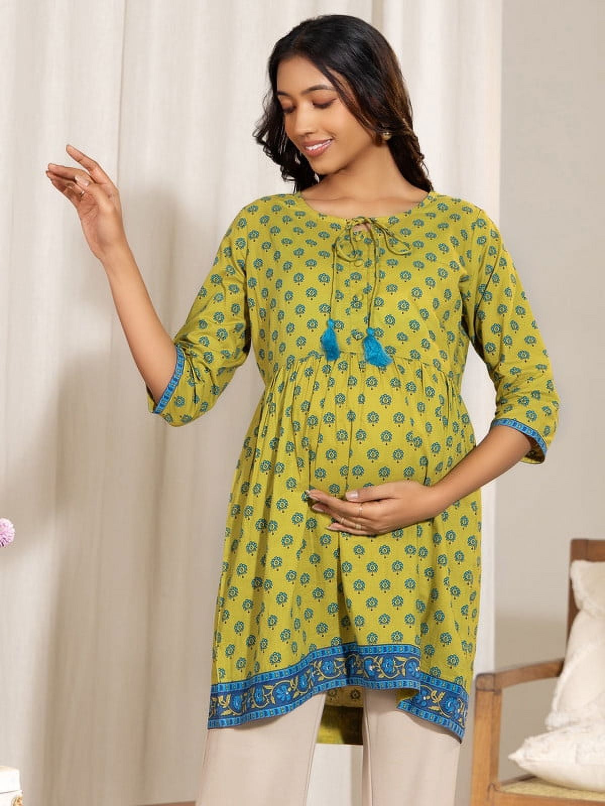 Janasya Indian Women's Green Cotton Printed A-Line Maternity Tunic ...