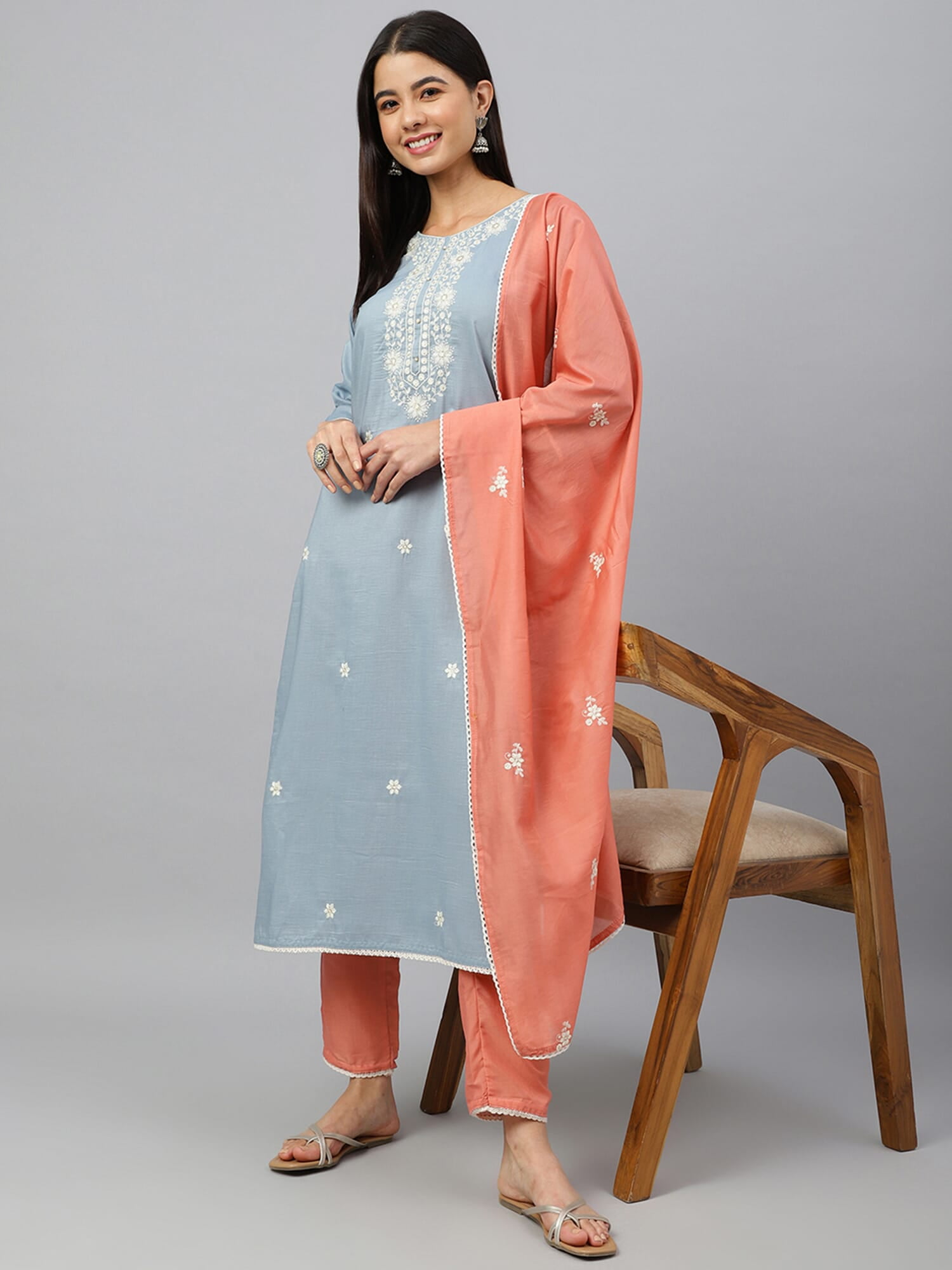 Janasya Indian Women's Grey Poly Silk Floral Embroidery Kurta with Pant ...