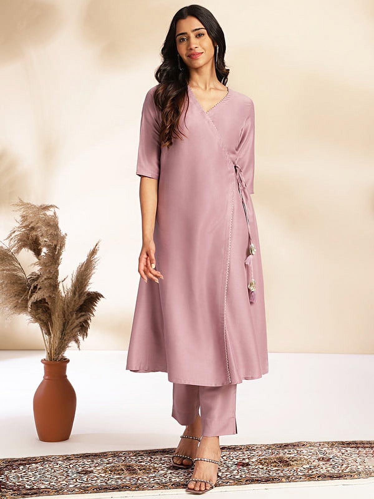 Janasya Indian Women's Lavender Chinnon Solid Wrap Kurta Set - Walmart.com