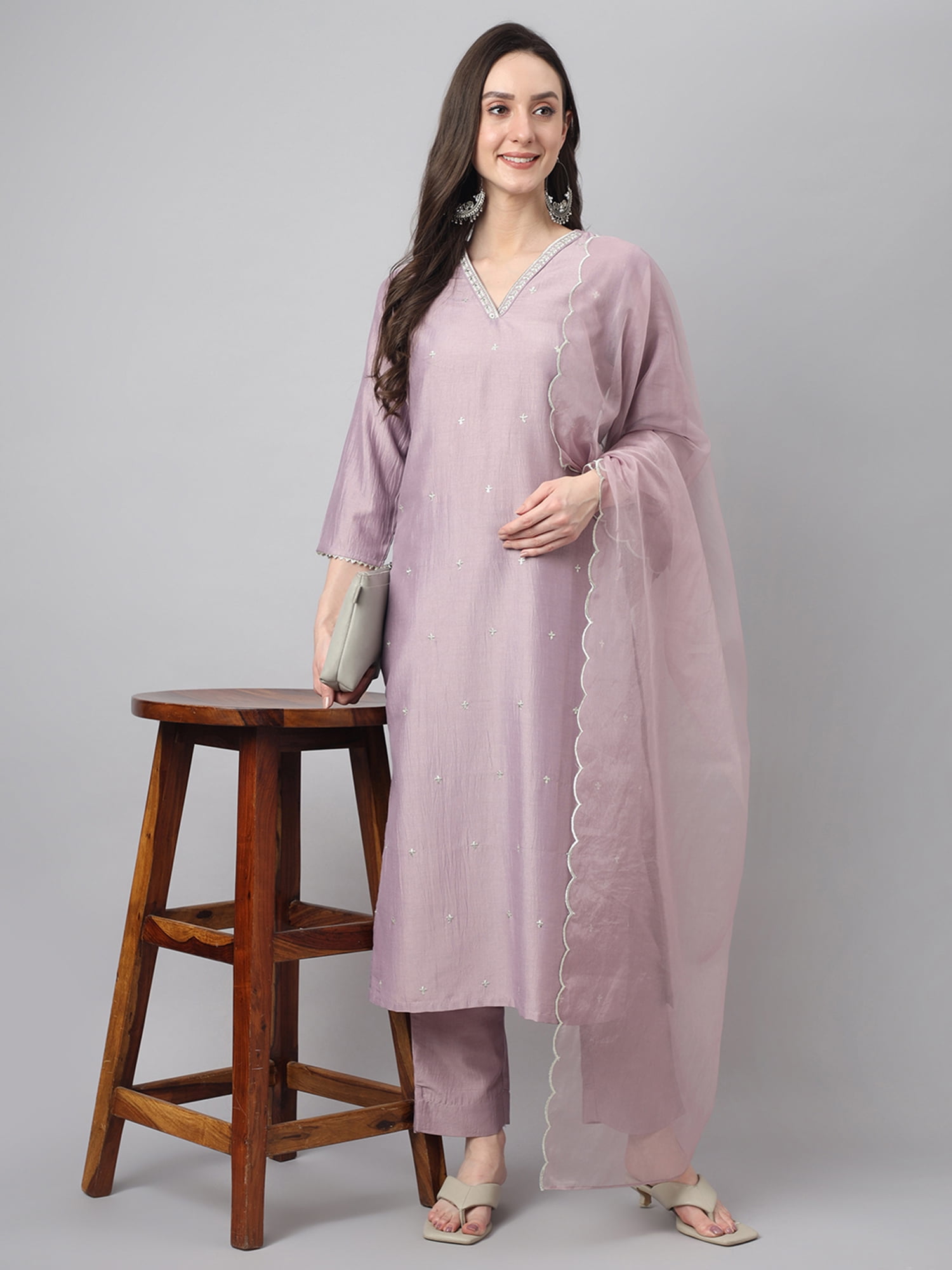 Janasya Indian Women's Lavender Chinon Solid Kurta with Pant and ...