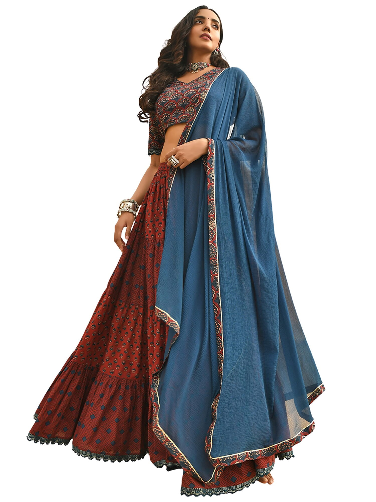 Janasya Indian Women's Maroon Cotton Block Print Lehenga Choli With ...