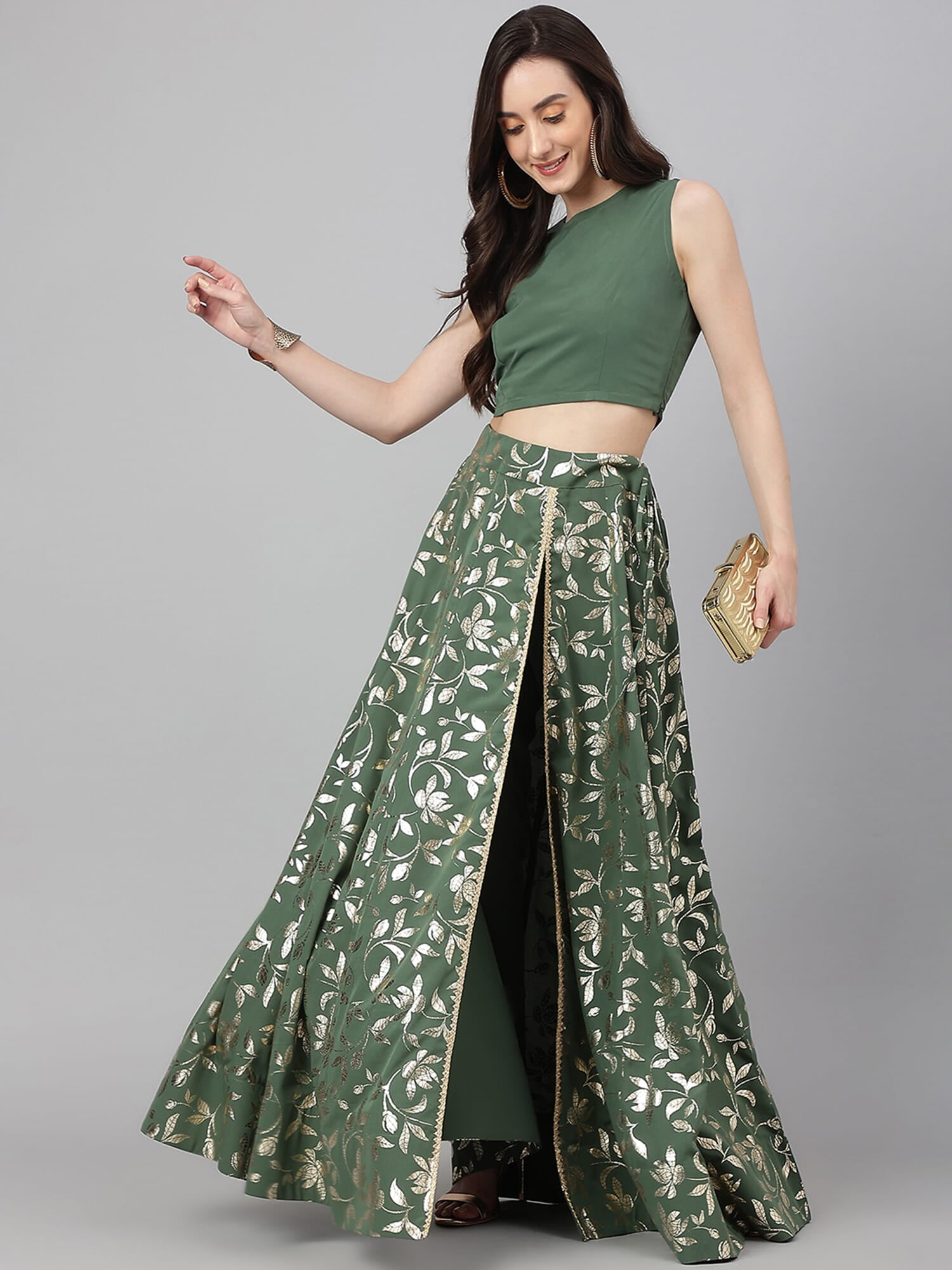 Janasya Women's Olive Green Crepe Solid Lehenga Choli with Pant, Indo ...