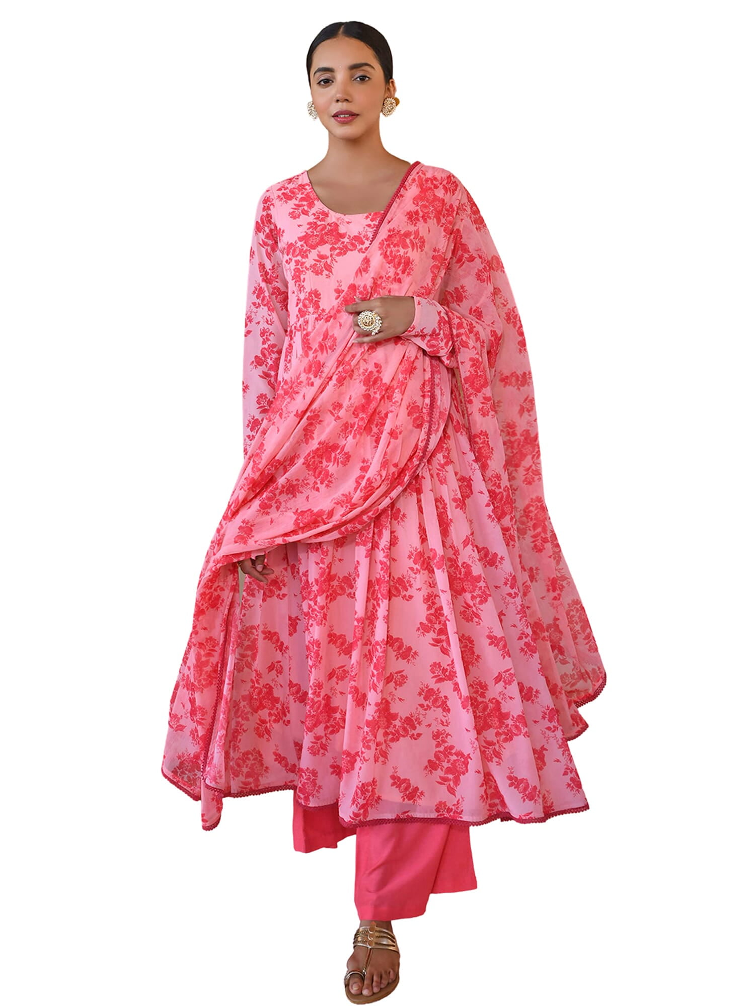 Janasya Indian Women's Peach Georgette Floral Print Kurta with Flared ...