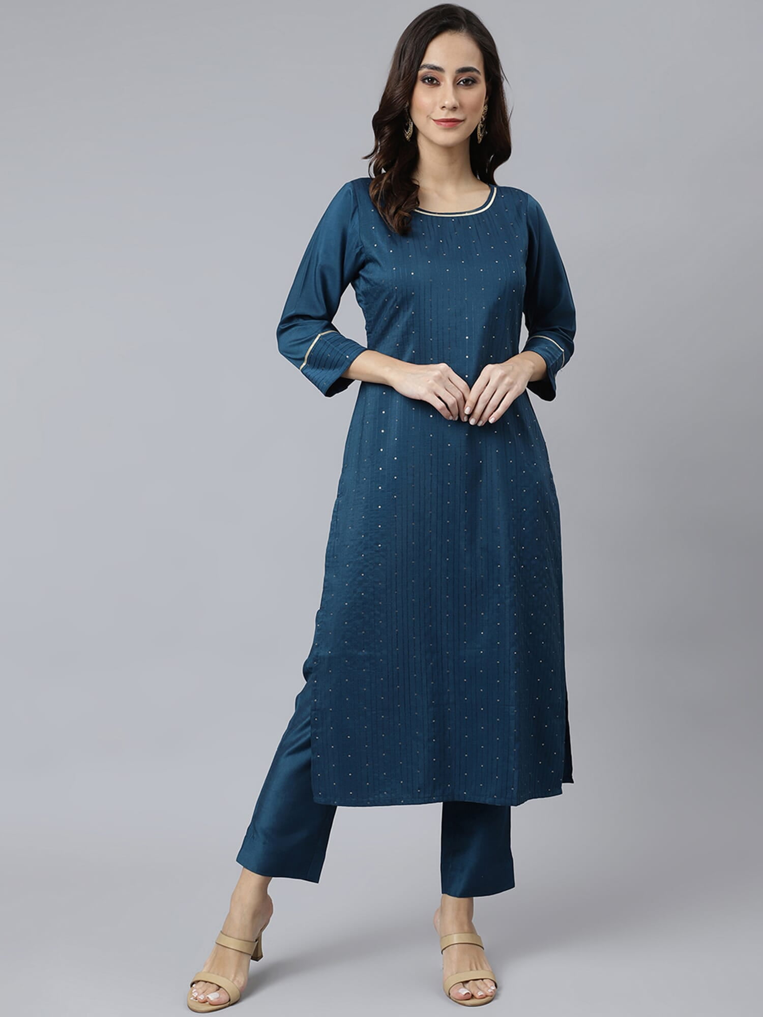 Janasya Indian Women's Teal Poly Silk Embroidered Kurta with Pant ...