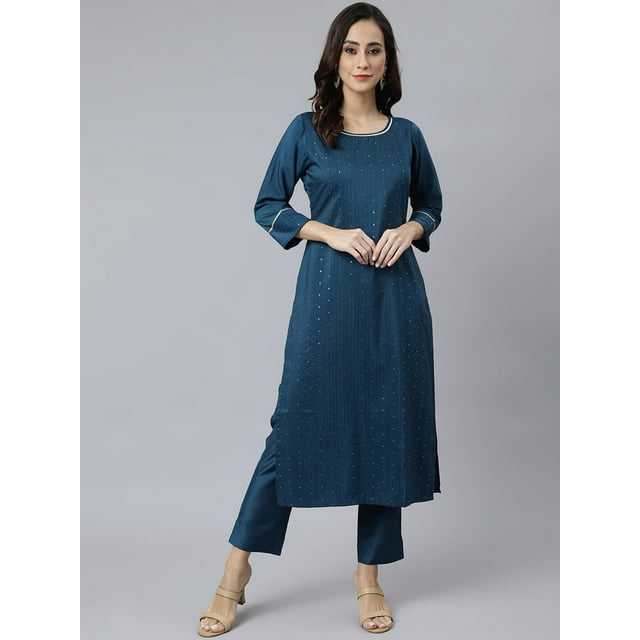 Janasya Indian Women's Teal Poly Silk Embroidered Kurta with Pant ...