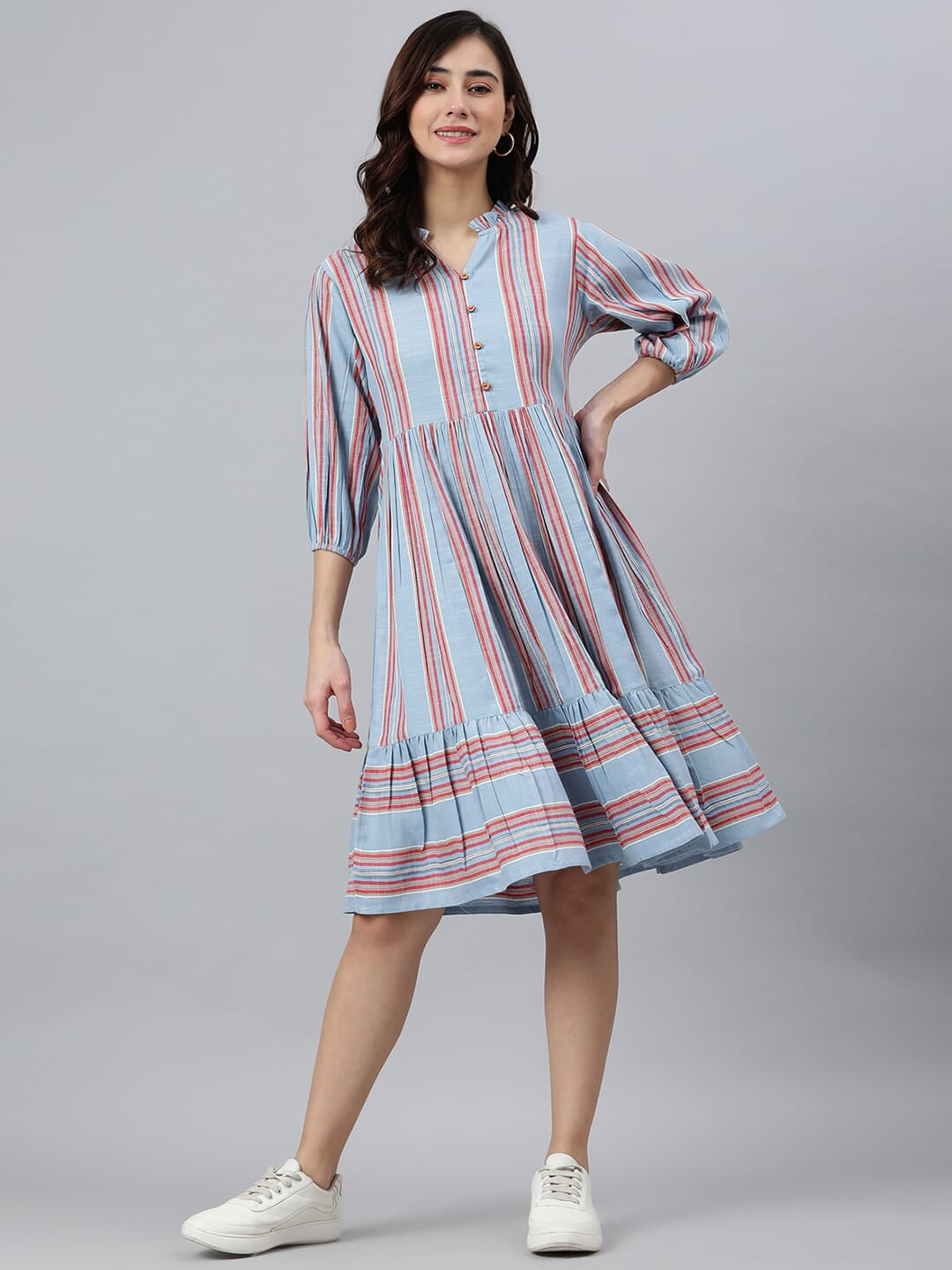 Janasya Blue Striped Cotton Blend Midi Dress For Women, Ruffled ...