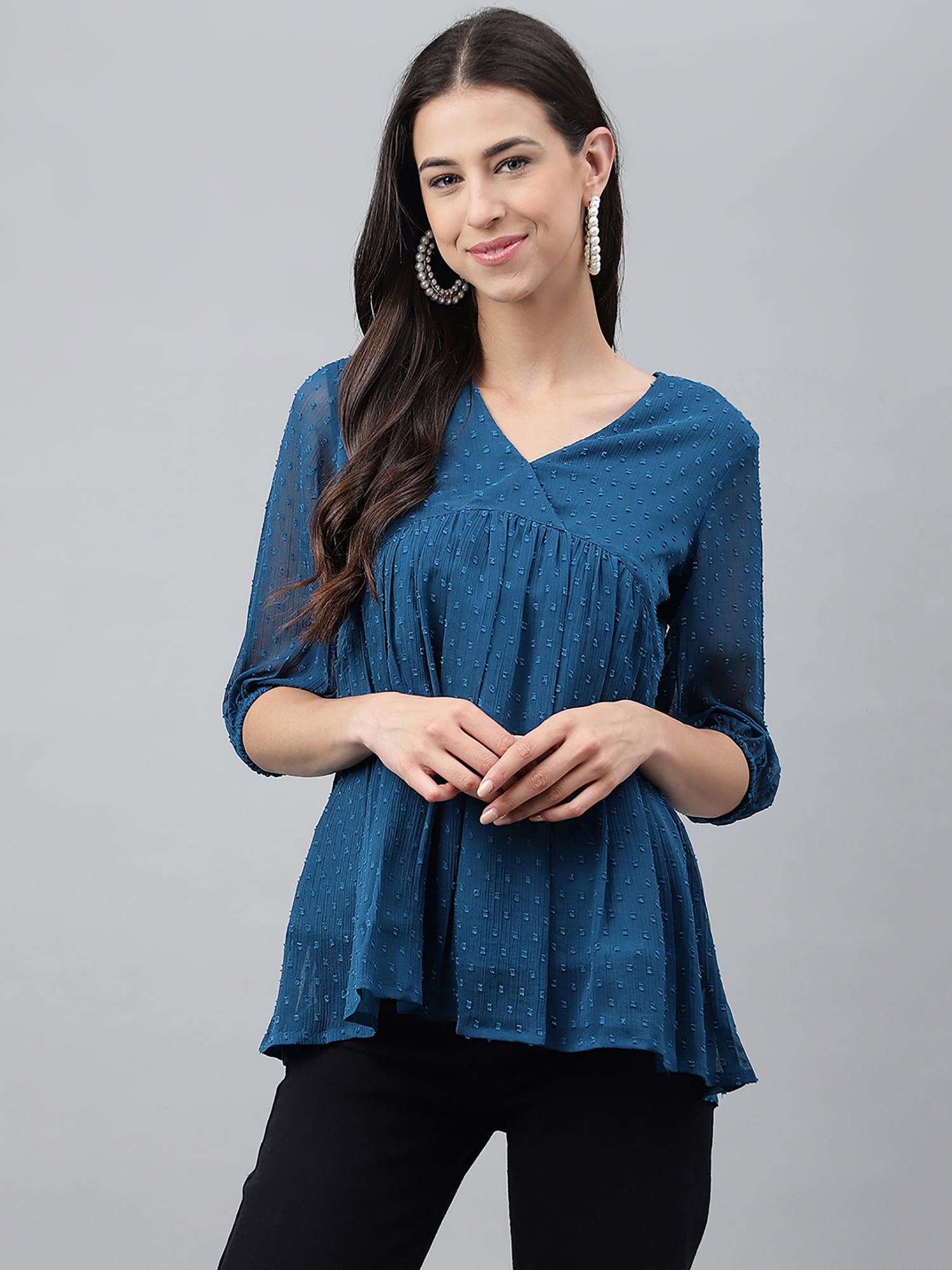 Janasya Teal Blue Dobby Chiffon V-neck Half Puff Sleeve Solid Empire ...