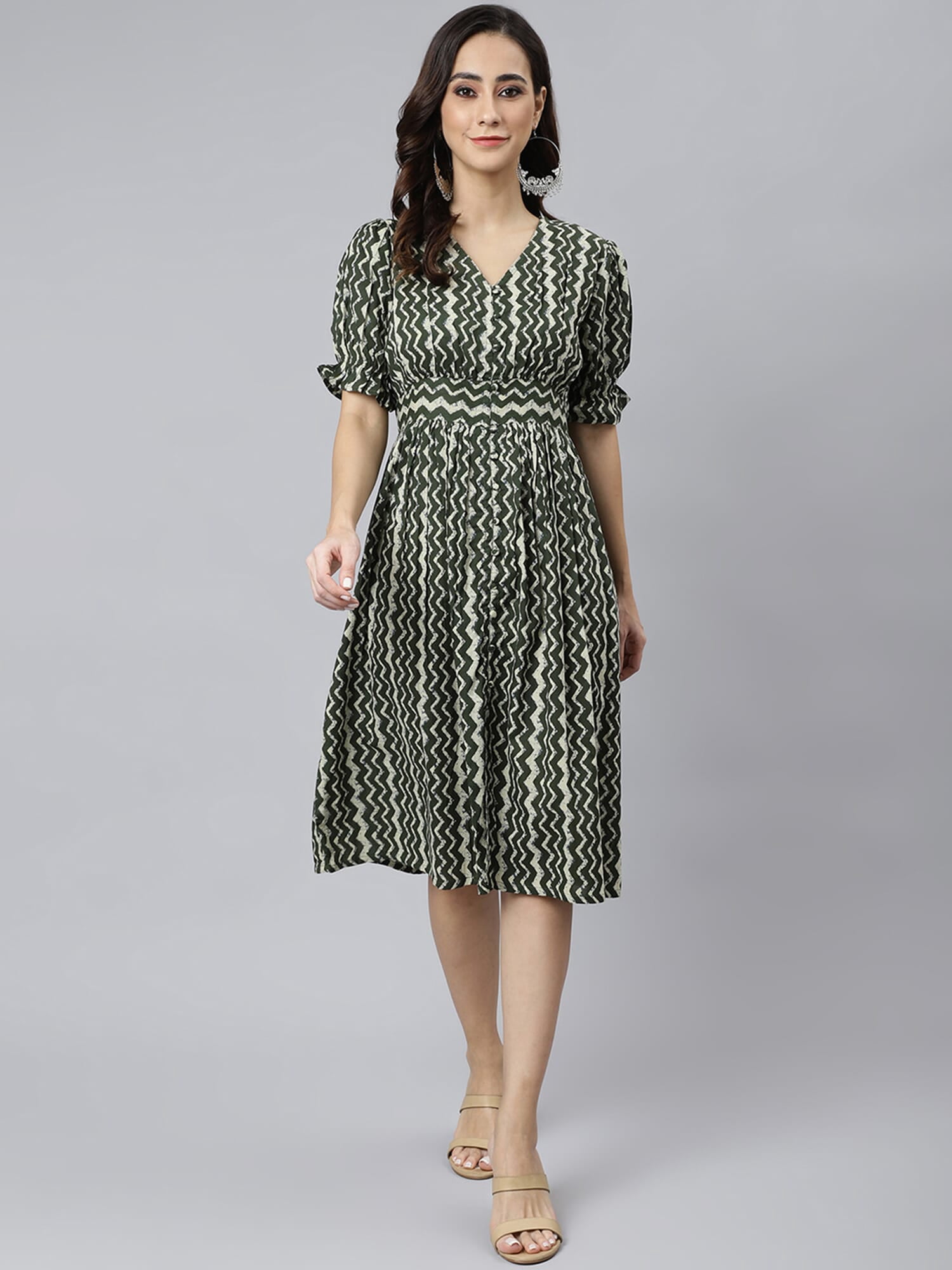 Janasya Women's Olive Cotton Chevron Printed A-line Western Dress ...