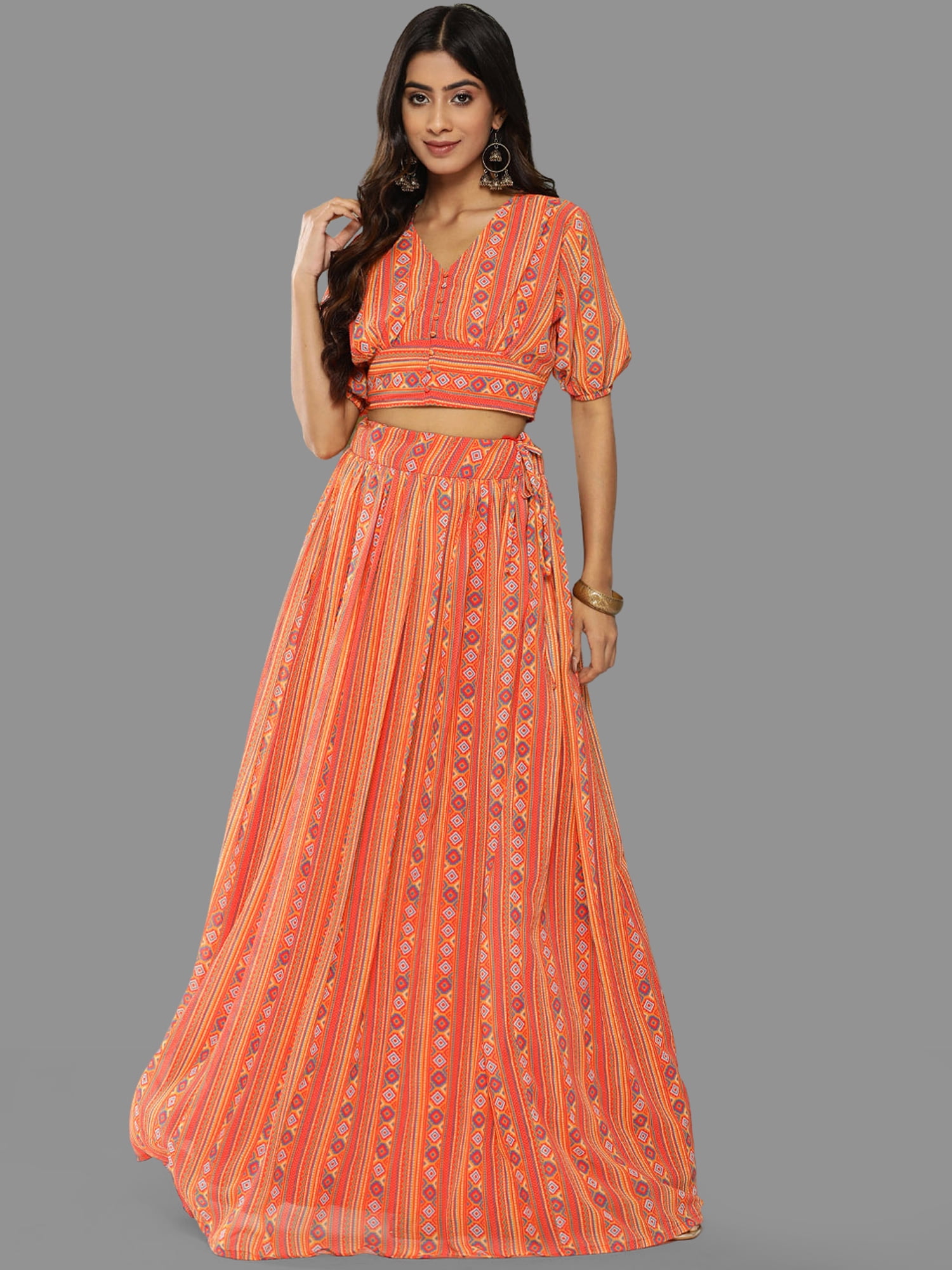 Janasya Women's Orange Georgette Digital Printed Lehenga Choli, V-Neck ...