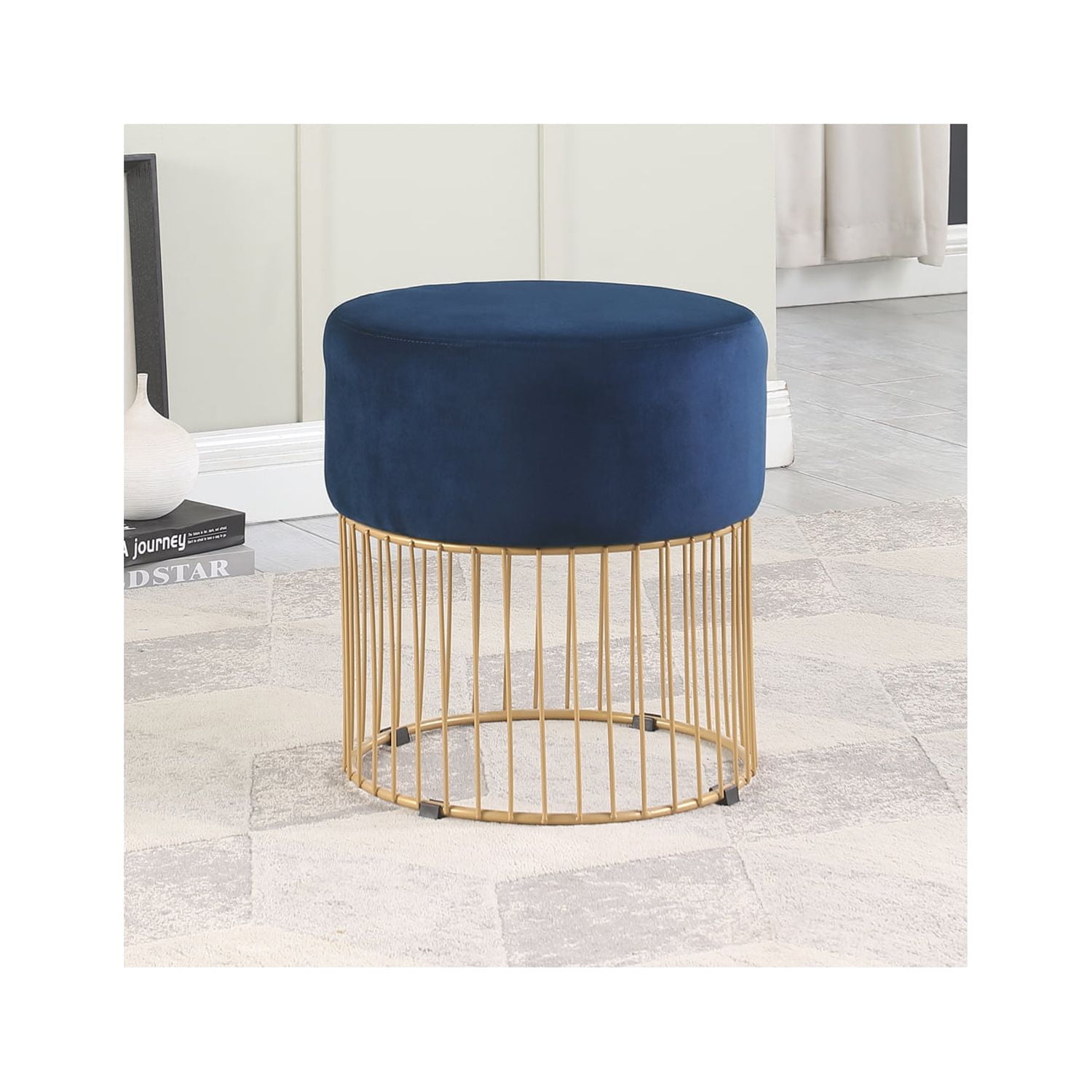 Jane Blue Velvet Round Ottoman - Walmart.com