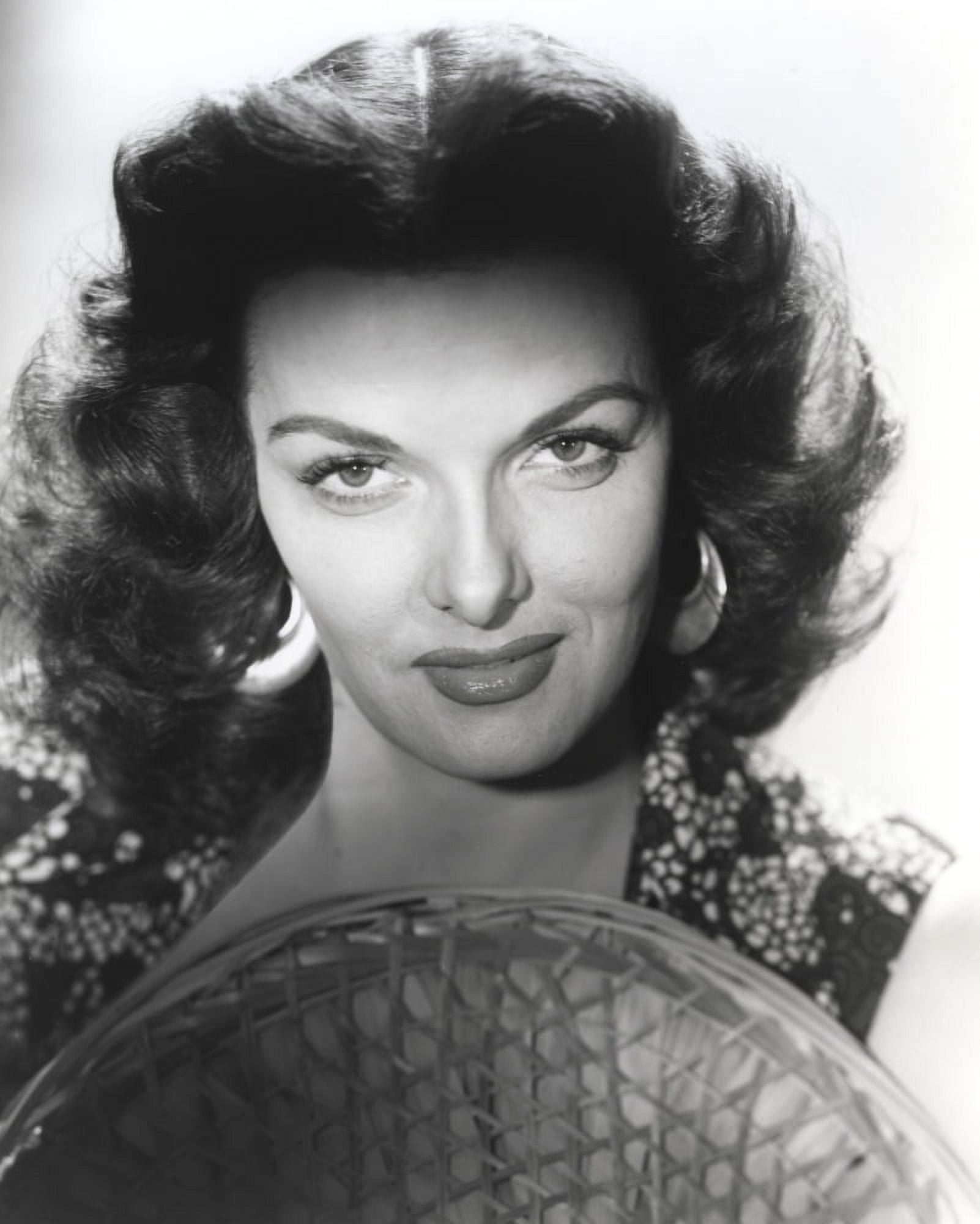 Jane Russell Close Up Portrait in Black Floral Dress with Straw Hat in ...
