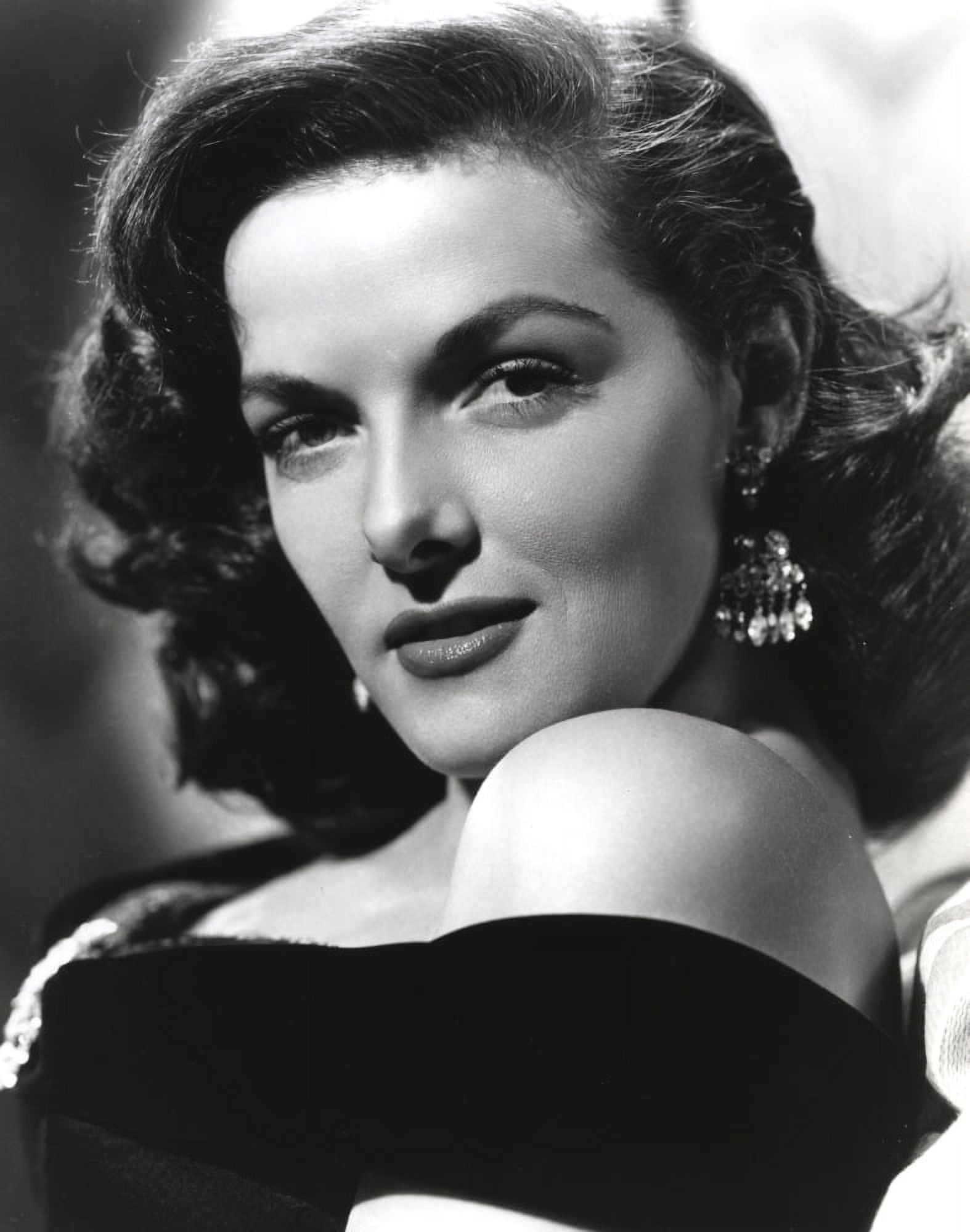 Jane Russell Portrait in Black Silk Shoulder Dress and Dangling Pear ...