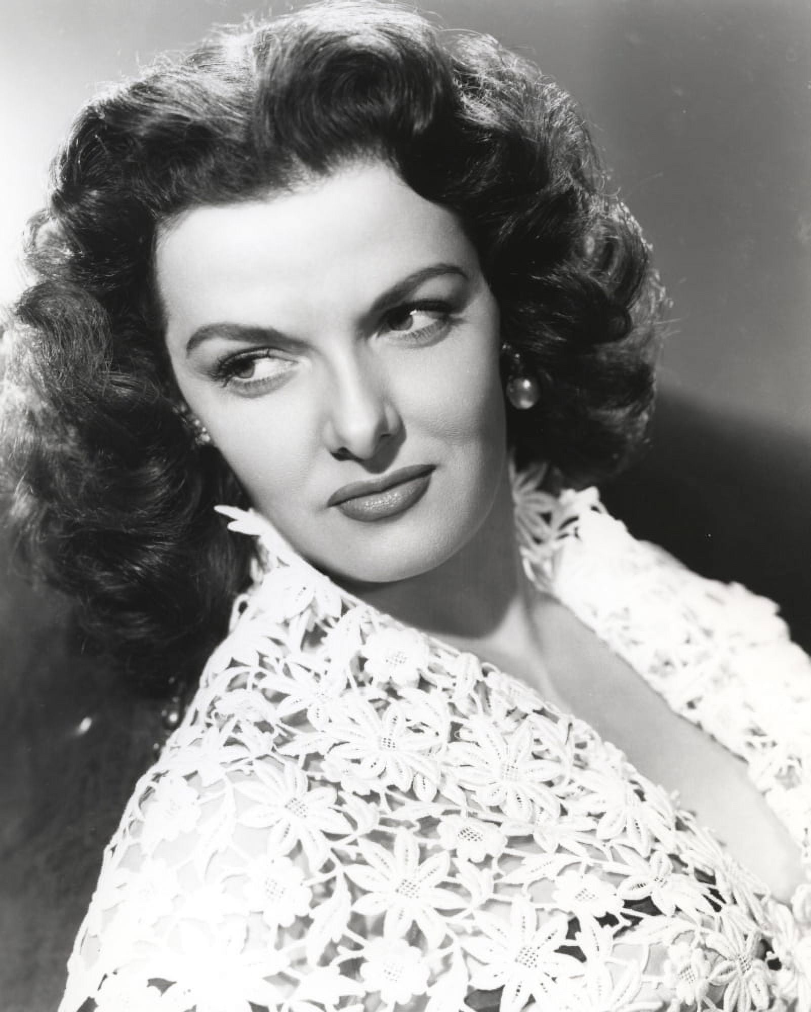 Jane Russell Portrait in White Floral Lace Dress while Leaning Back and ...