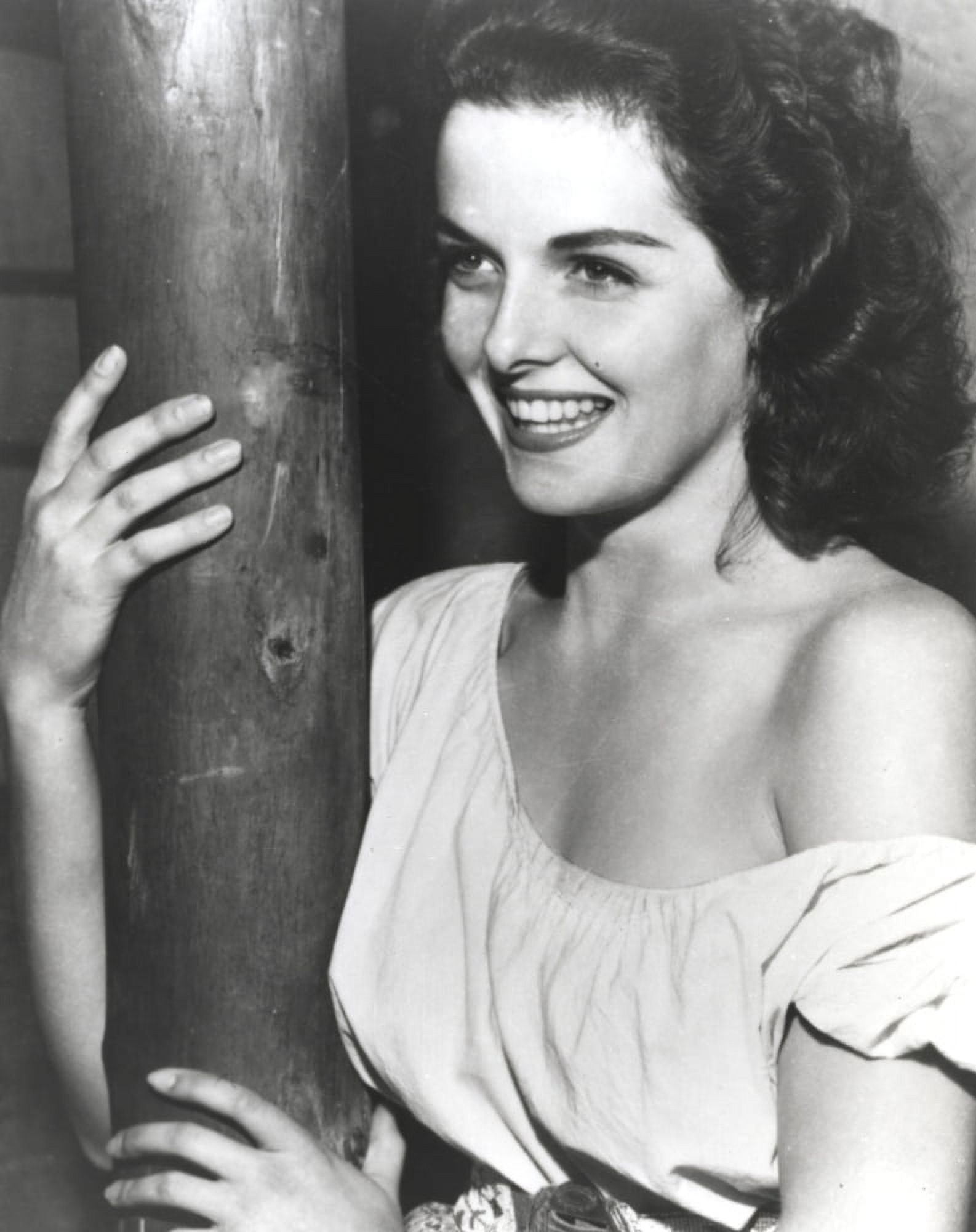 Jane Russell Portrait in White Shoulder Dress with Hands Holding on a ...