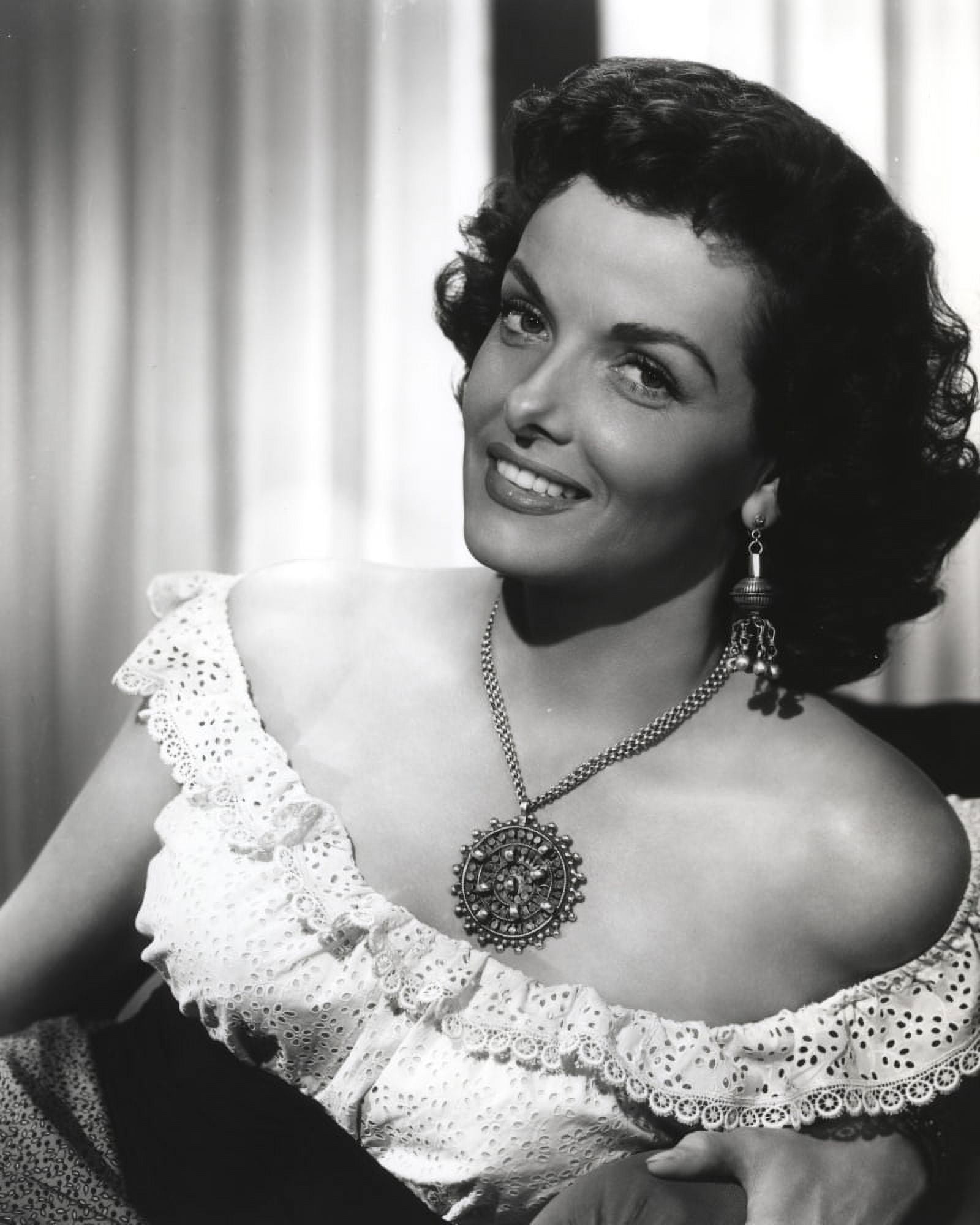 Jane Russell Portrait in White Silk Lace Shoulder Dress and Necklace ...