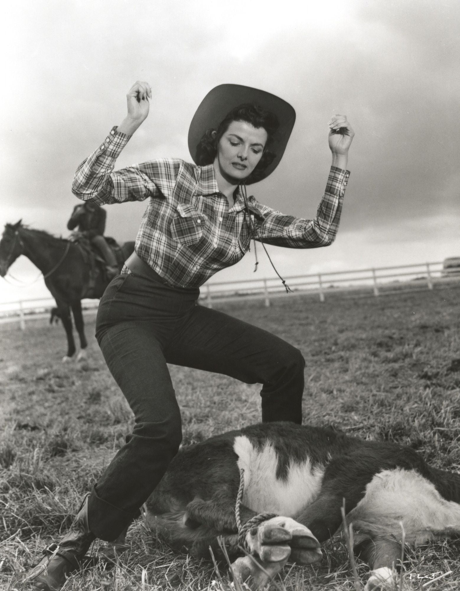 Jane Russell Posed in Checkered Tight Long Sleeve Collar Shirt and High ...