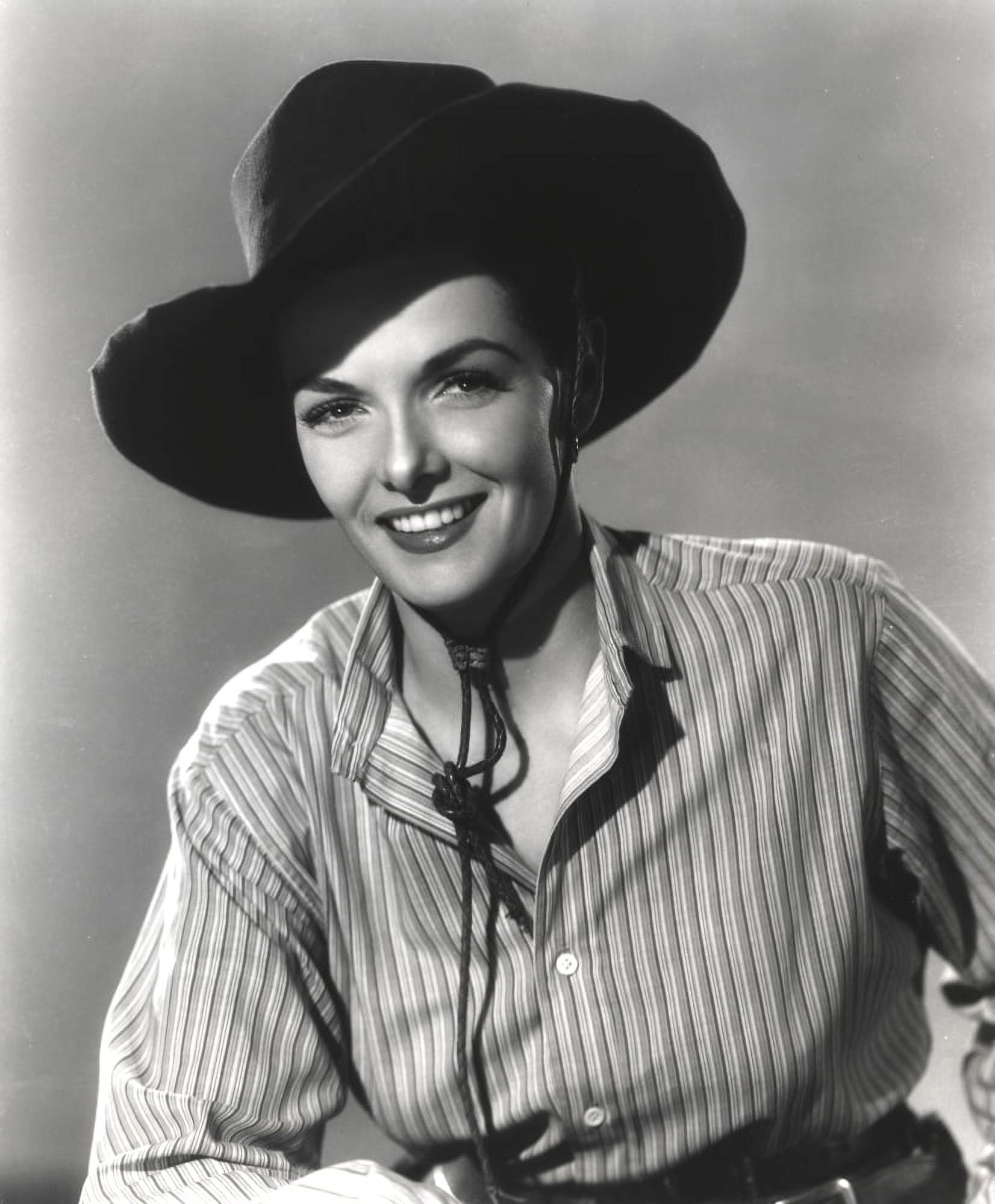 Jane Russell Posed in Stripe Long Sleeve Shirt and Black Cowboy Hat in ...