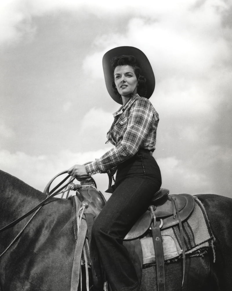 Jane Russell sitting on a Horse in Checker Long Sleeve Shirt and Cowboy ...