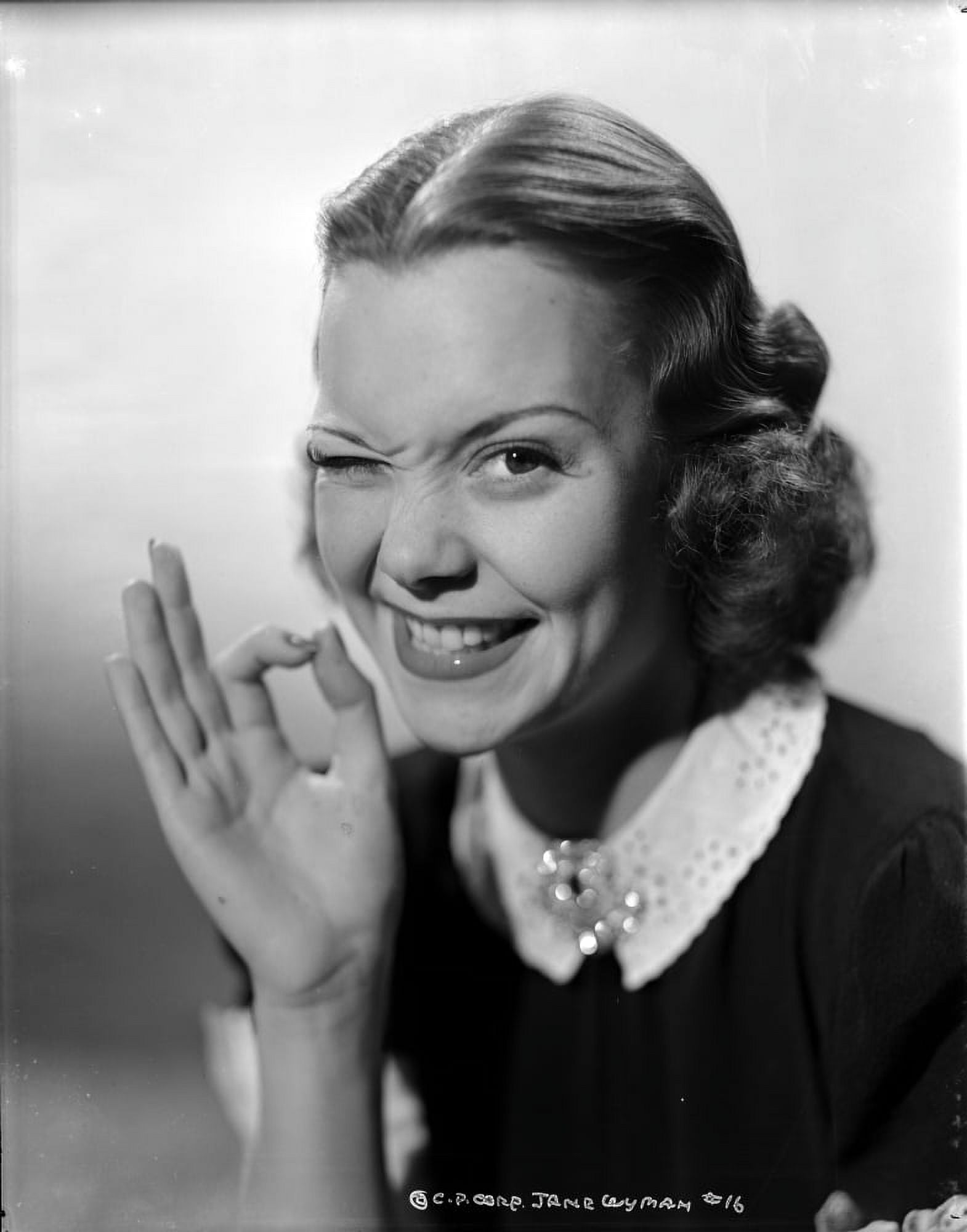 Jane Wyman Portrait in White Collar and Black Velvet Short Sleeve Dress ...