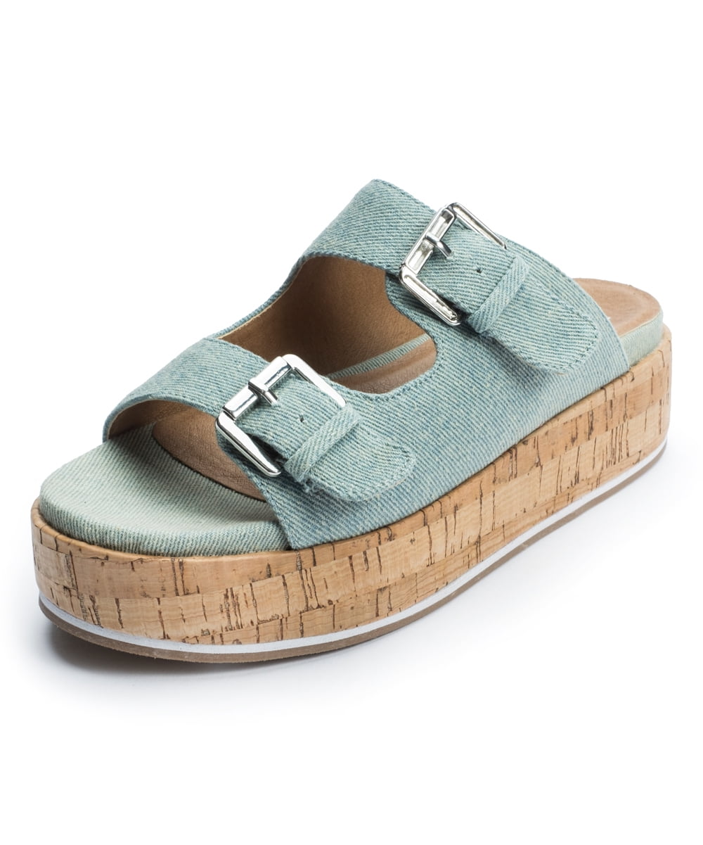Jane and the Shoe Jordan Sandal Light Blue Denim Birken Buckle Mule ...