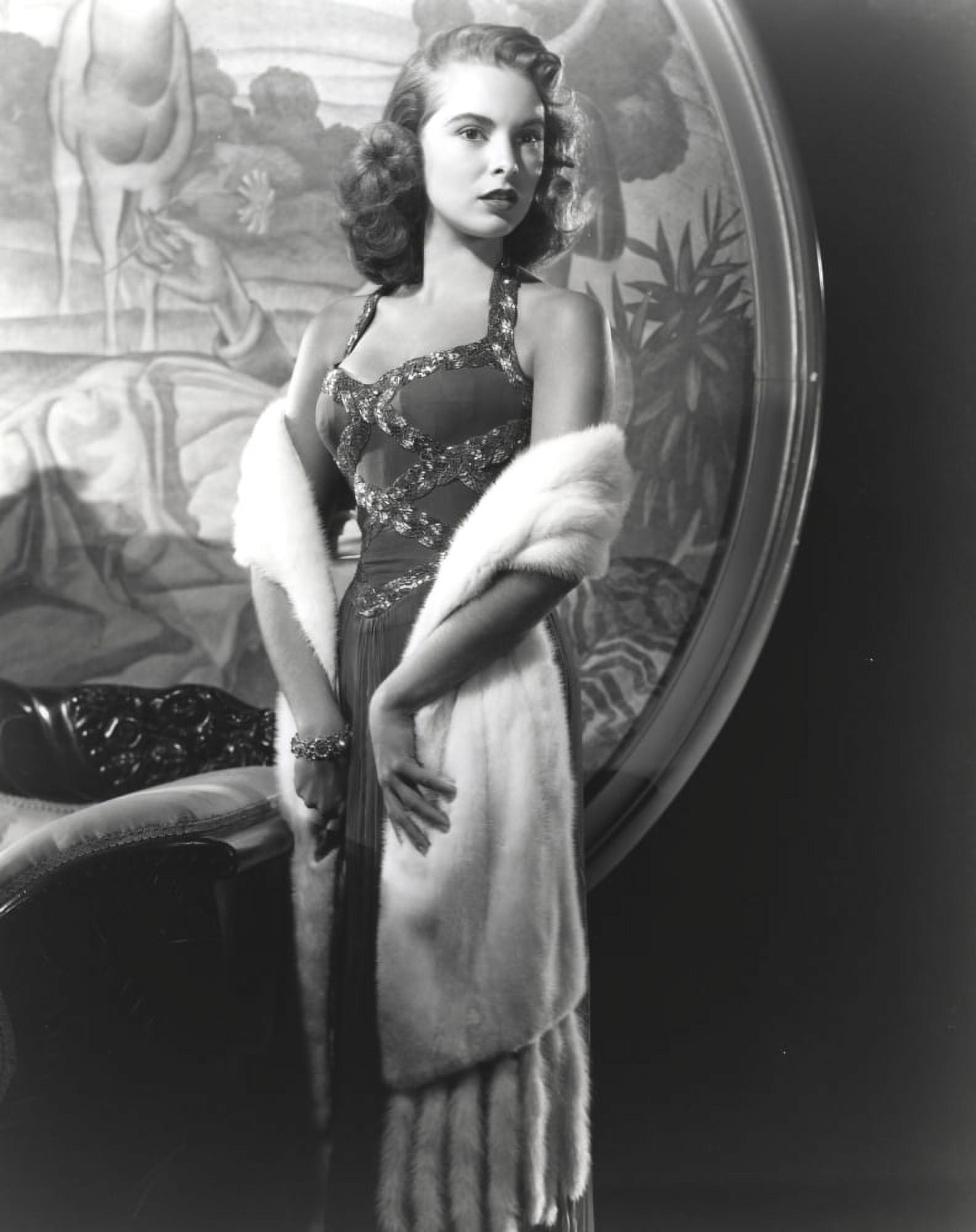 Janet Leigh Posed in Black Velvet Strap Dress and White Fur Muffler ...