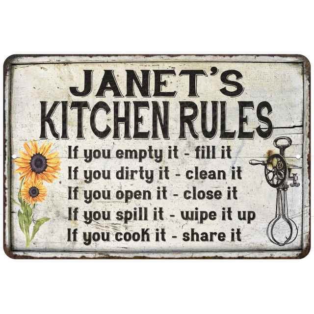 Janet's Kitchen Rules Chic Sign Vintage Decor 8 x 12 High Gloss Metal ...