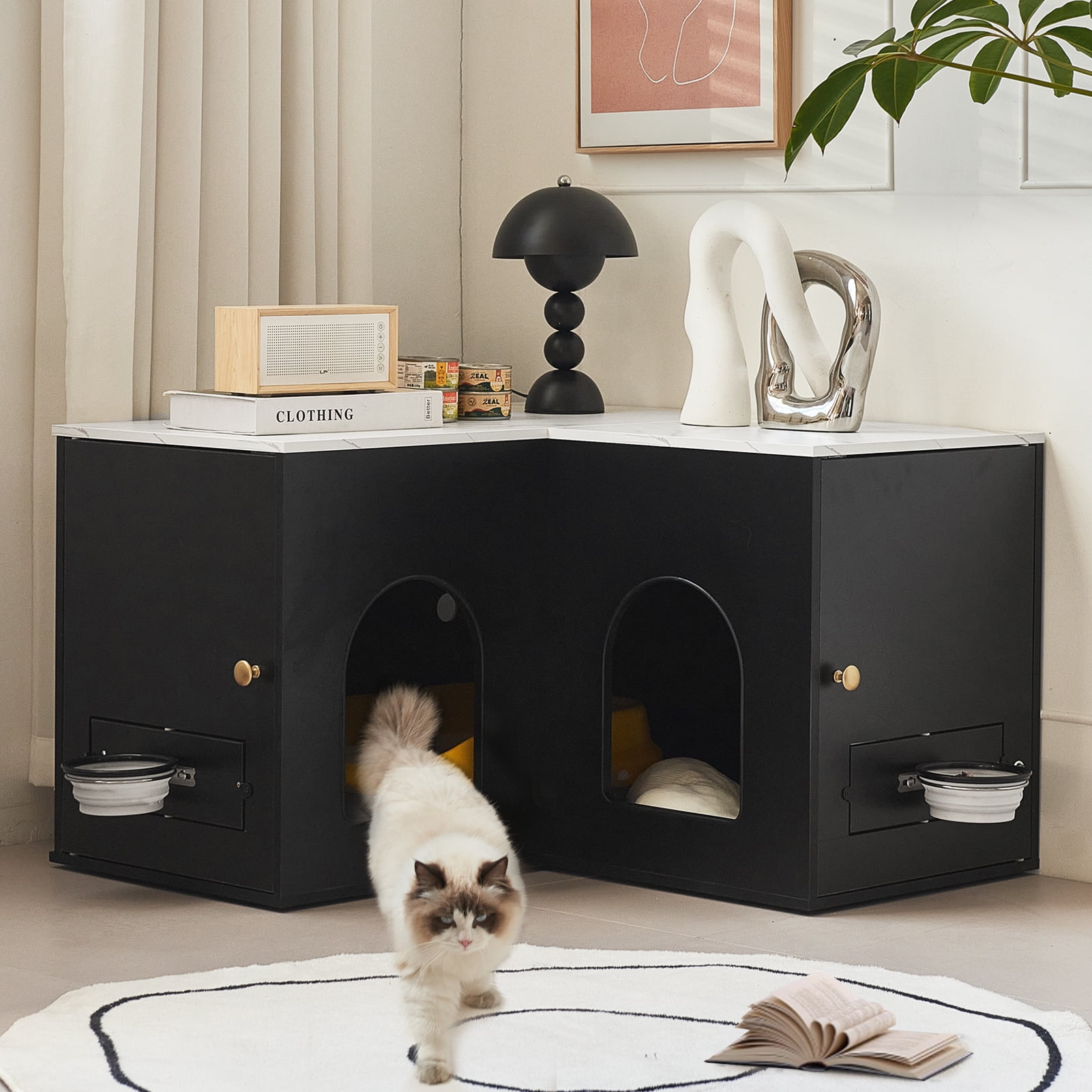 JanflyHome Corner Litter Box Enclosure for 2 Cats, Wooden Storage ...