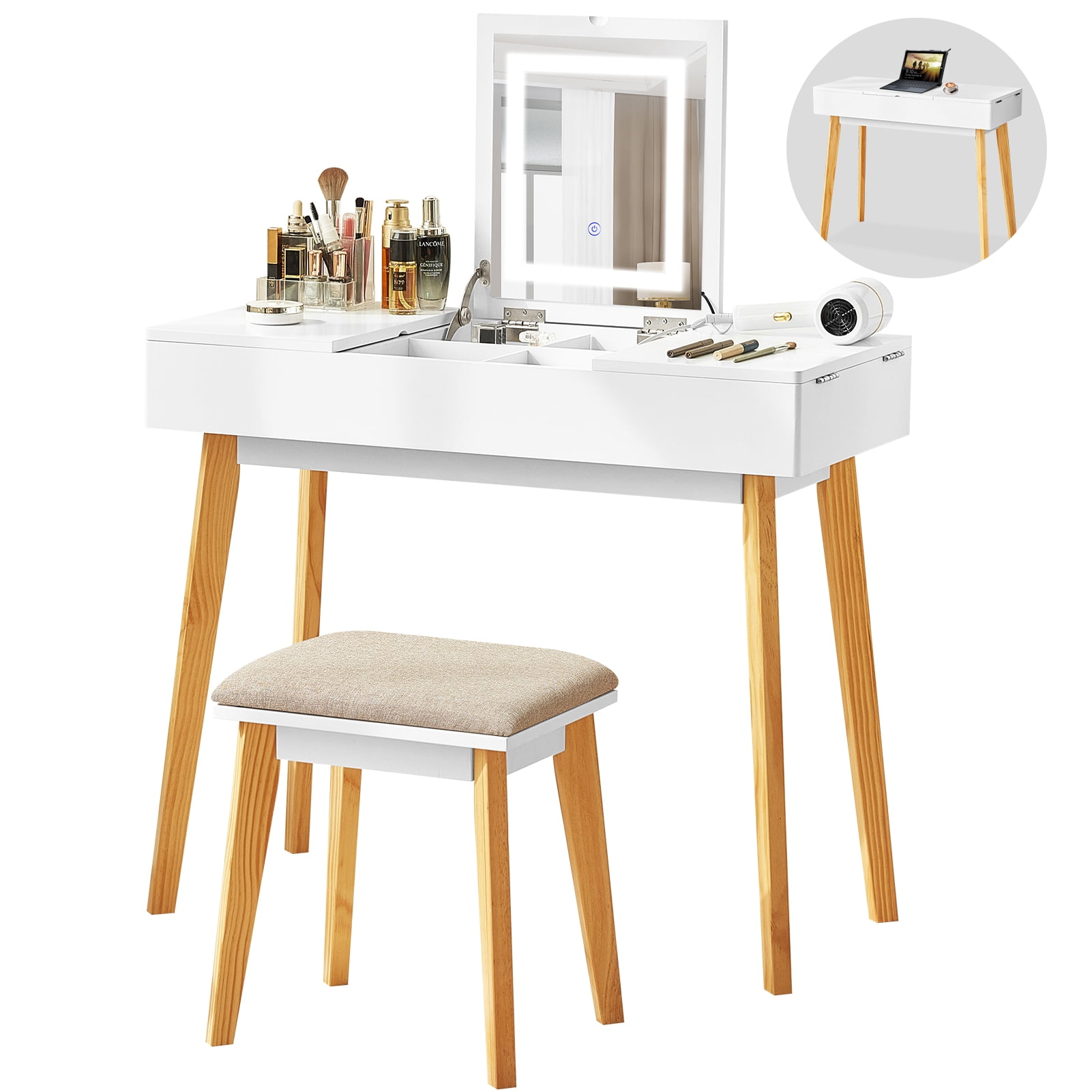 JanflyHome Vanity Desk with Mirror and Lights, Vanity Table for Girls ...
