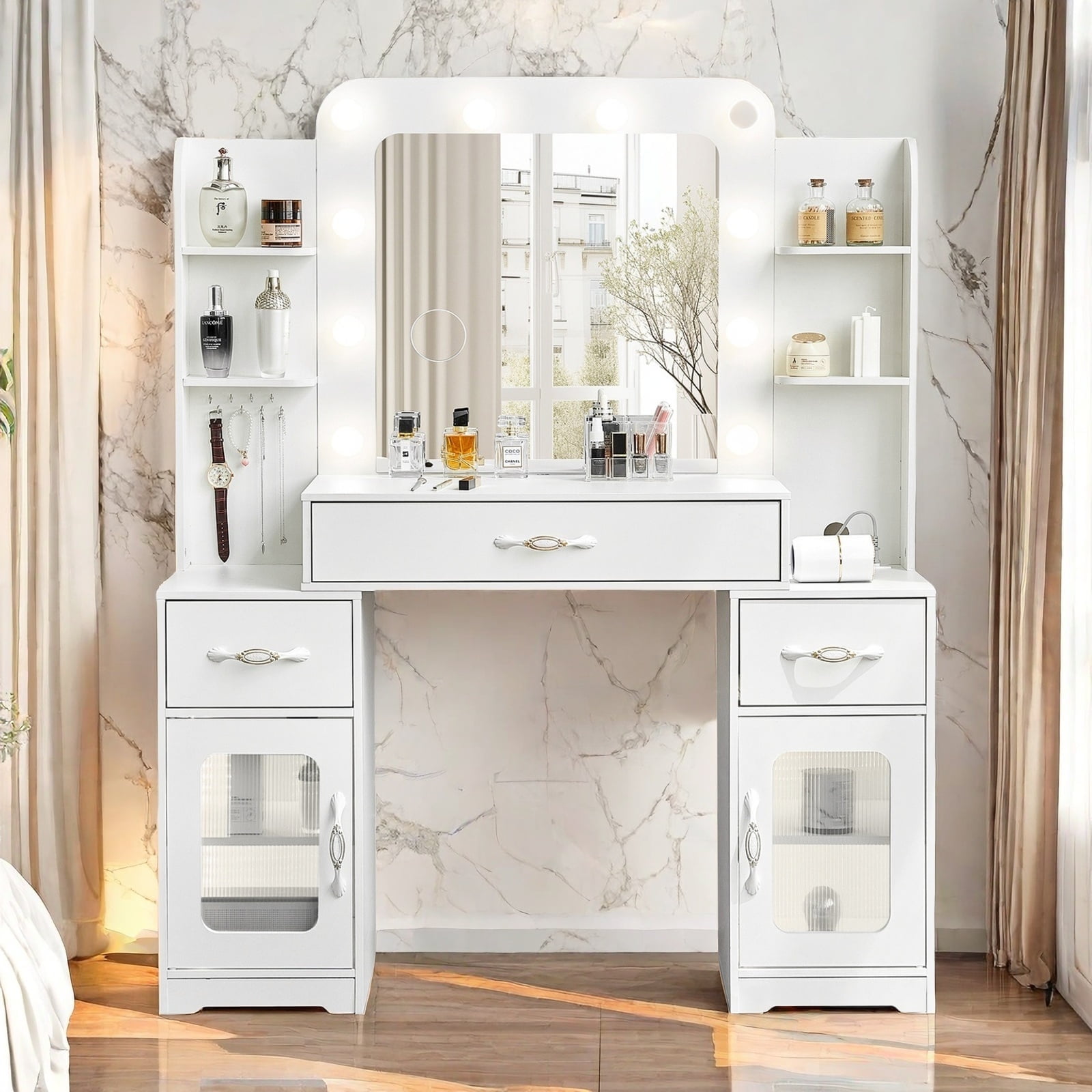 JanflyHome Vanity, Makeup Vanity with Mirror and Hollywood Lights ...