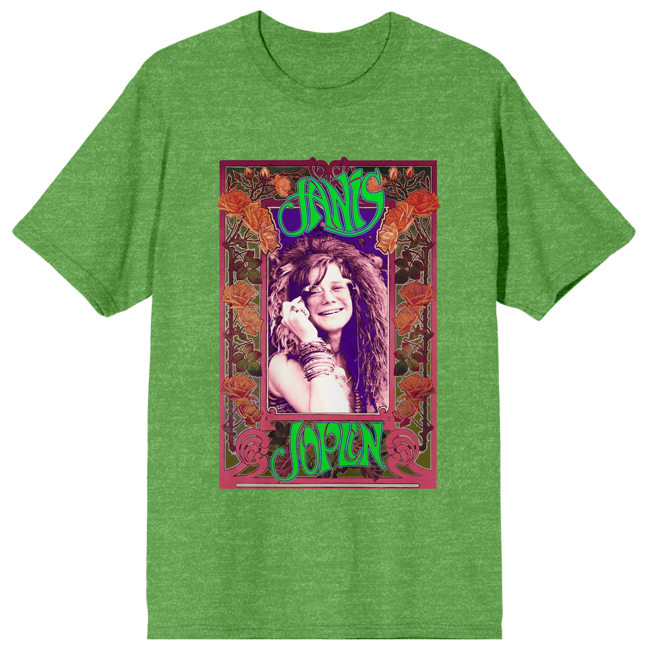 Janis Joplin Rose Border Art Crew Neck Short Sleeve Green Heather Women ...