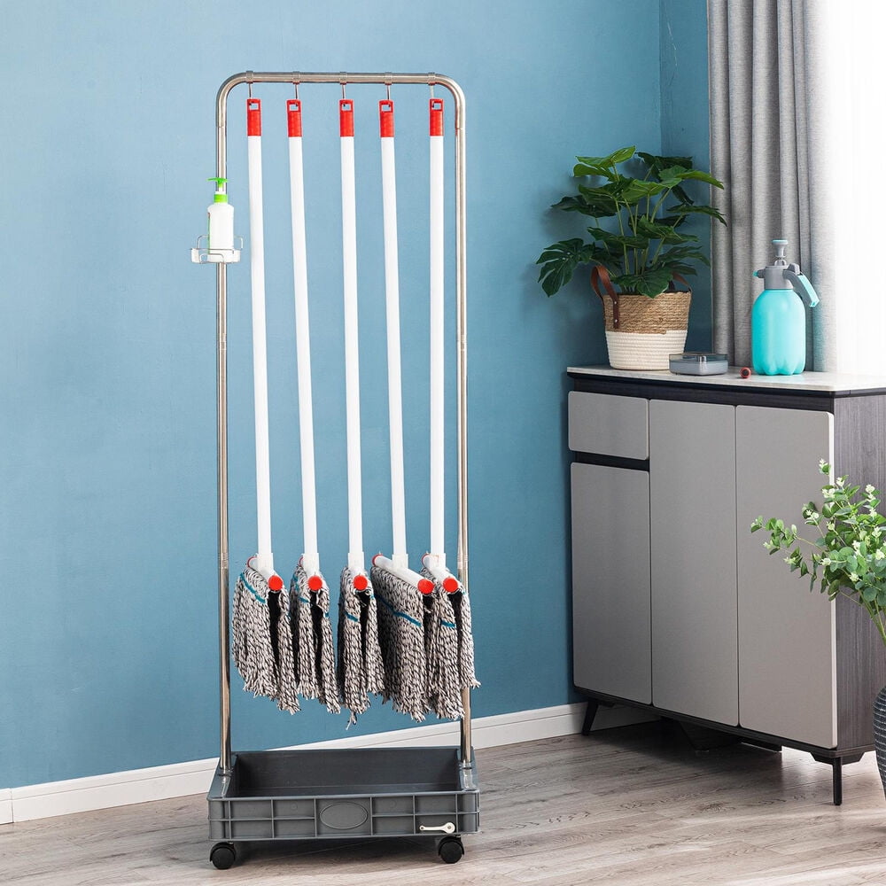 Janitorial Carts On Wheels - Broom Mop Holder Organizer with Wheels ...
