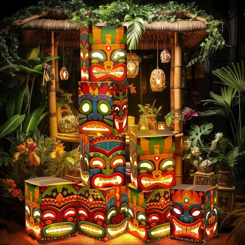 Janlaugh 8 Pcs Tiki Totem Box Decor with Light, Luau Party Decorations ...