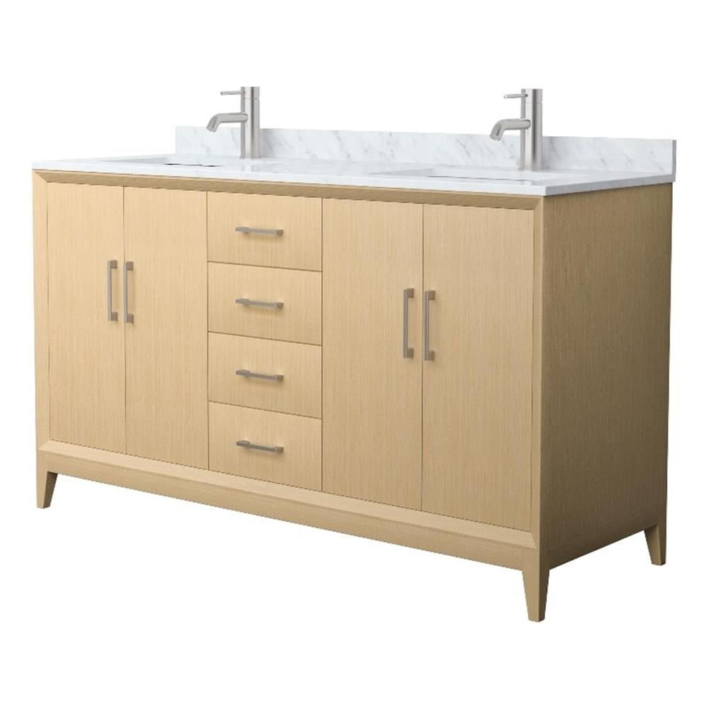 Janna 60" White Oak Double Vanity & White Carrara Marble Top & Nickel ...