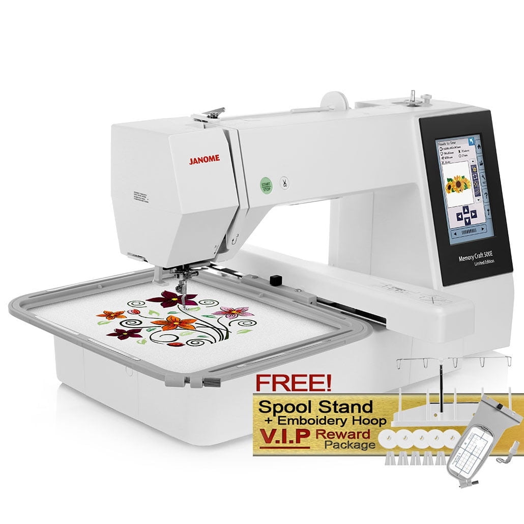 "Janome Memory Craft 500e LE Embroidery Machine Bundle with 5-Spool Thread Stand, 3.9"" x 1.6 ...
